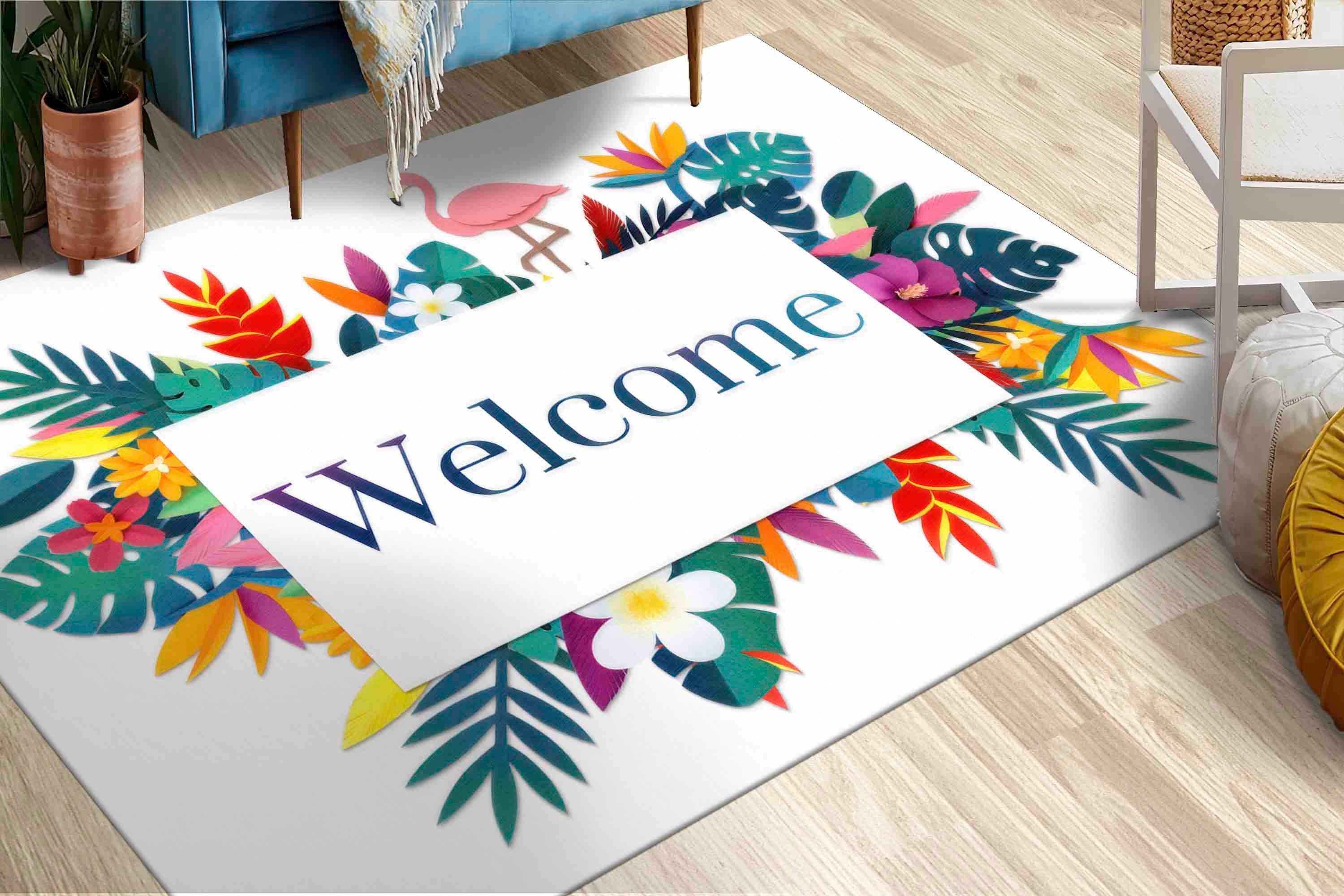 Floral Welcome Rugs, Welcome Rug, Personalized Rug, Botanical Rug, Door ...
