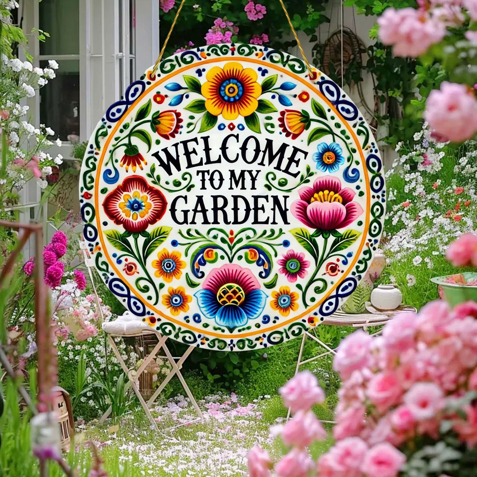 Floral Welcome Sign for Home Decor - Round Garden Themed Hanging Sign ...