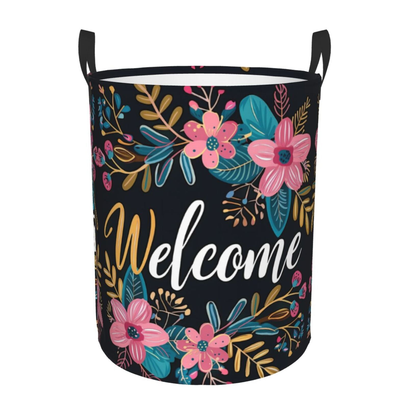 Floral Welcome Sign Laundry Basket with Handles - Freestanding Laundry ...