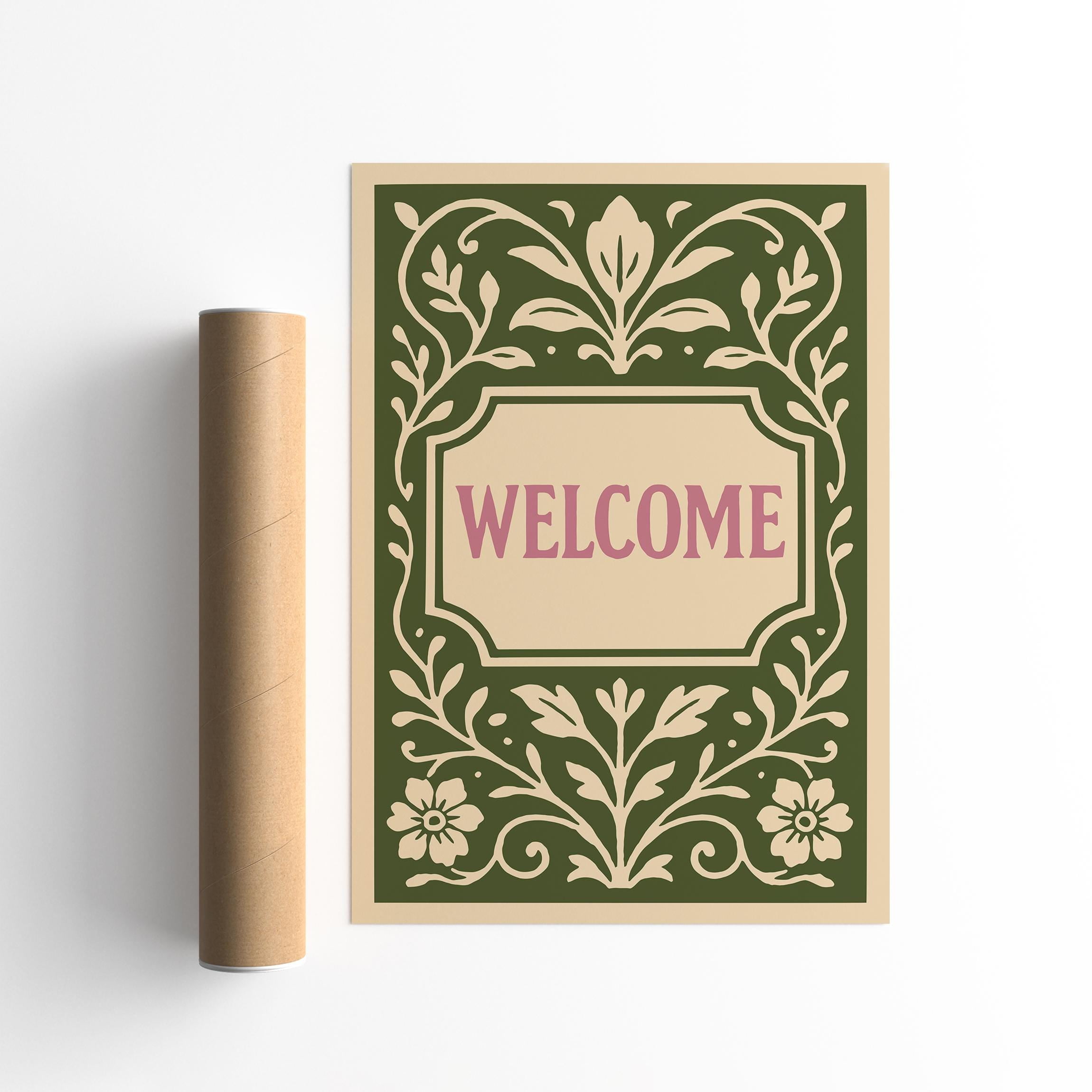 Floral Welcome Sign Print: Green Botanical Rococo Entryway Art UNFRAMED ...