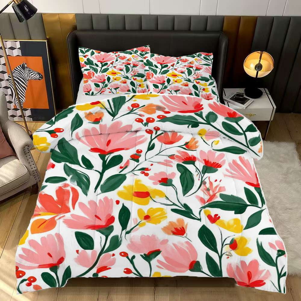 Floral White Background Pretty Blooms Comforter Set King Size Bedding ...