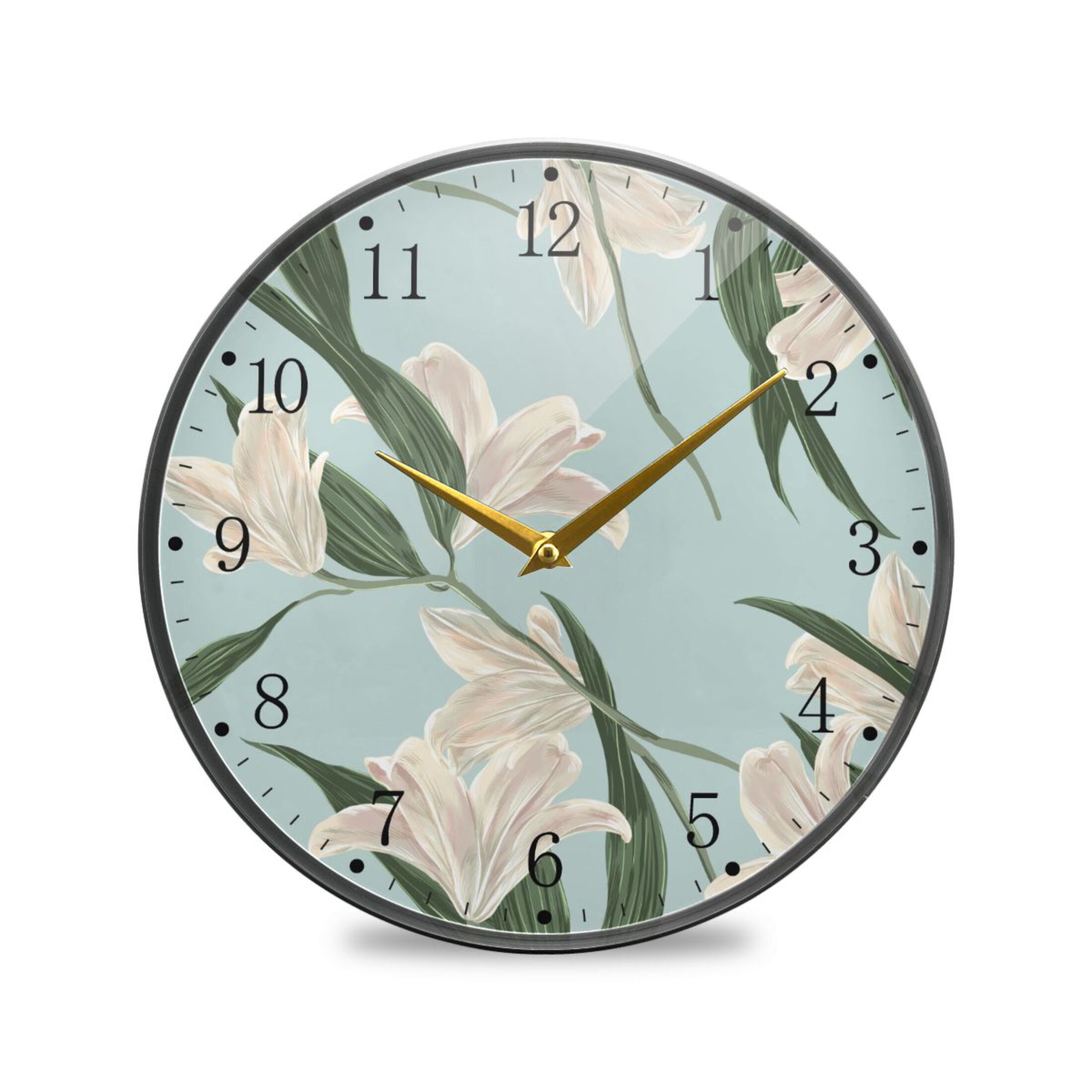Floral with White Lilies on Turquoise Acrylic Wall Clocks Quiet Round ...