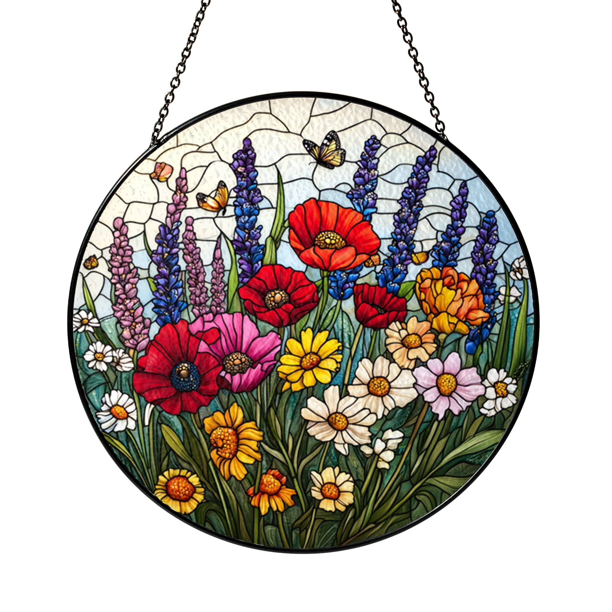 Floral Wildflower Stained Glass Suncatcher, Butterfly Garden Window ...