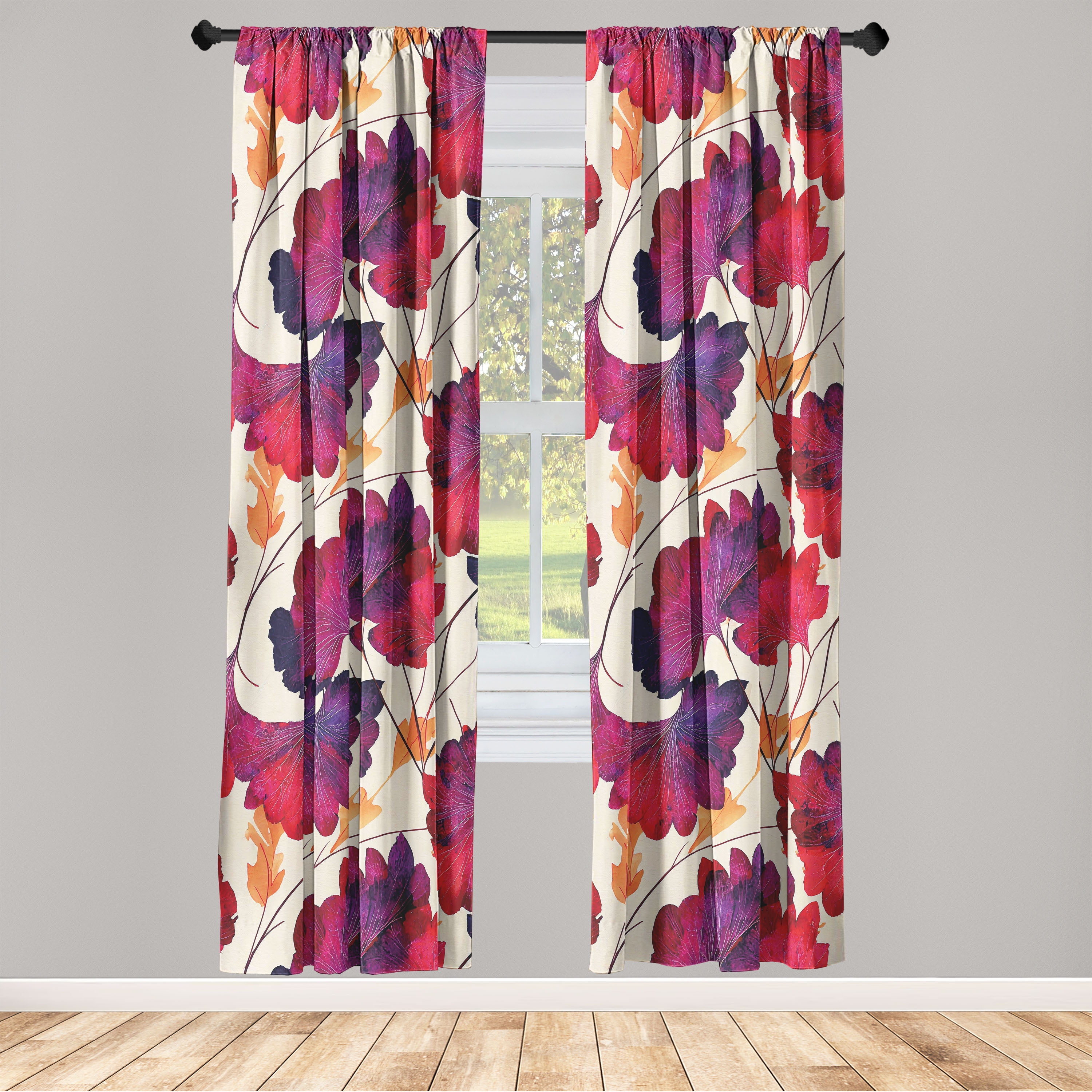 Floral Window Curtains, Autumn Season Leaves Falling Leaves Repetitive ...