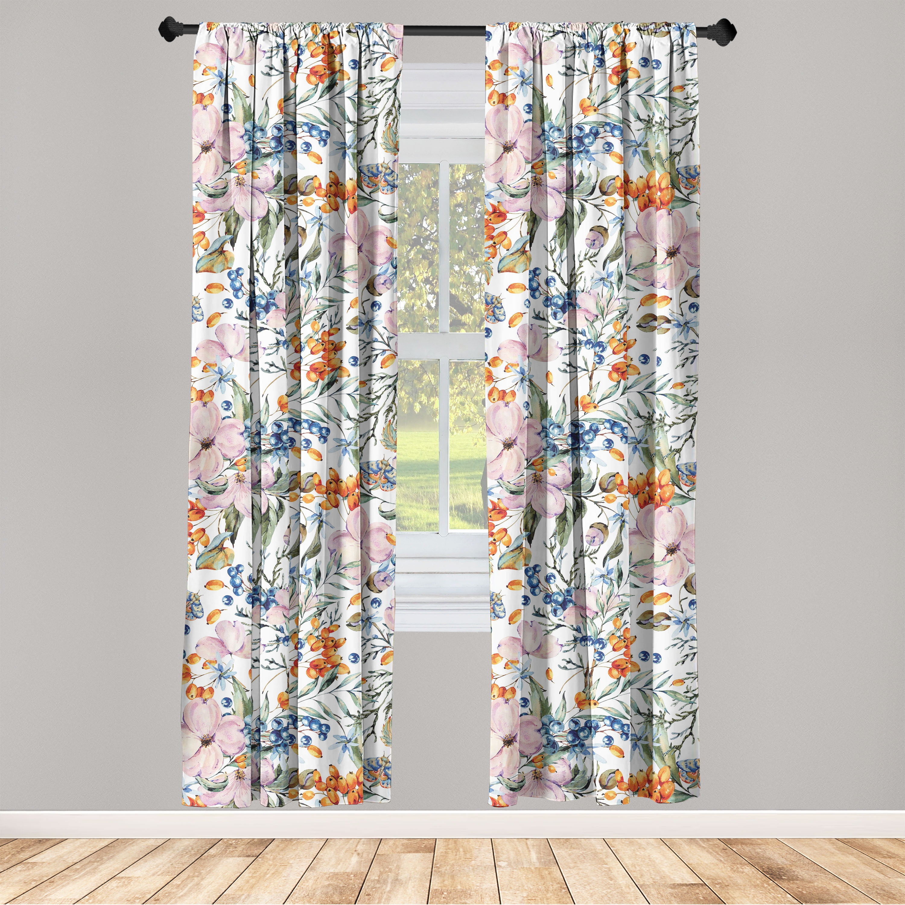 Floral Window Curtains, Bohemian Look Watercolor Garden of Branches ...