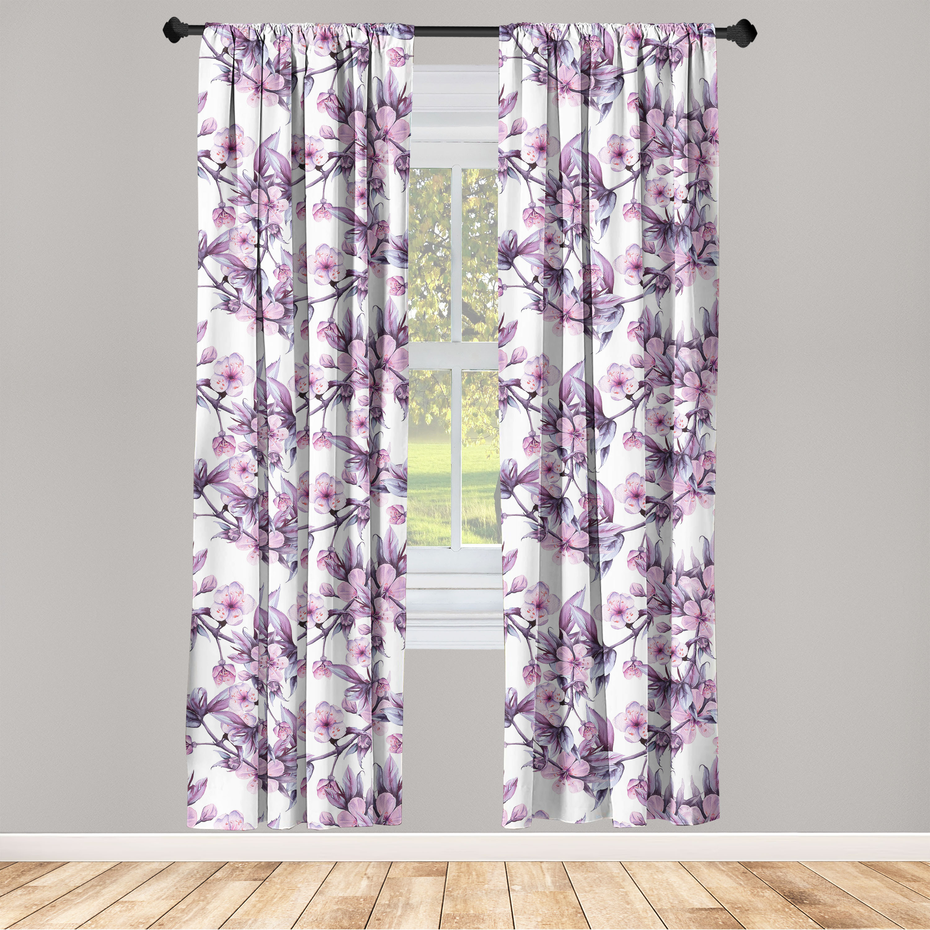 Floral Window Curtains, Cherry Blossoms Flowering Branches of Spring ...