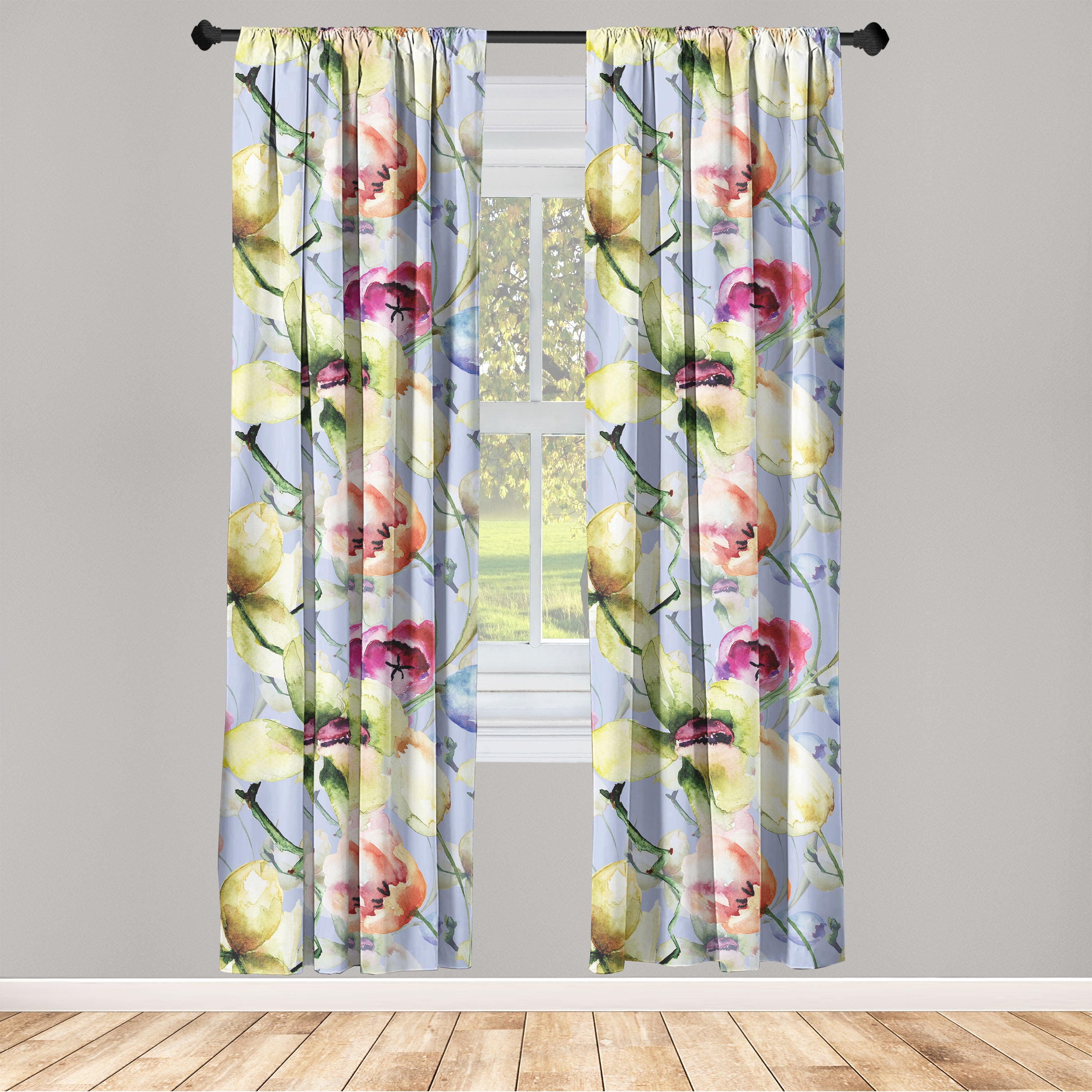 Floral Window Curtains, Colorful Pop Blossoms in Watercolor Ornament ...