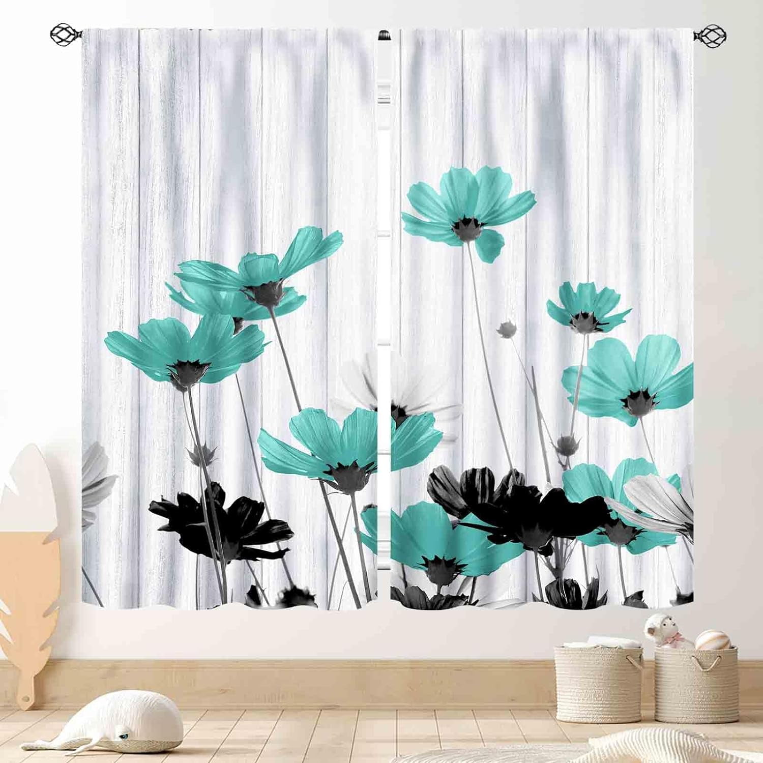 Floral Window Curtains, Farmhouse Country Flower on Wood Blue Gray ...