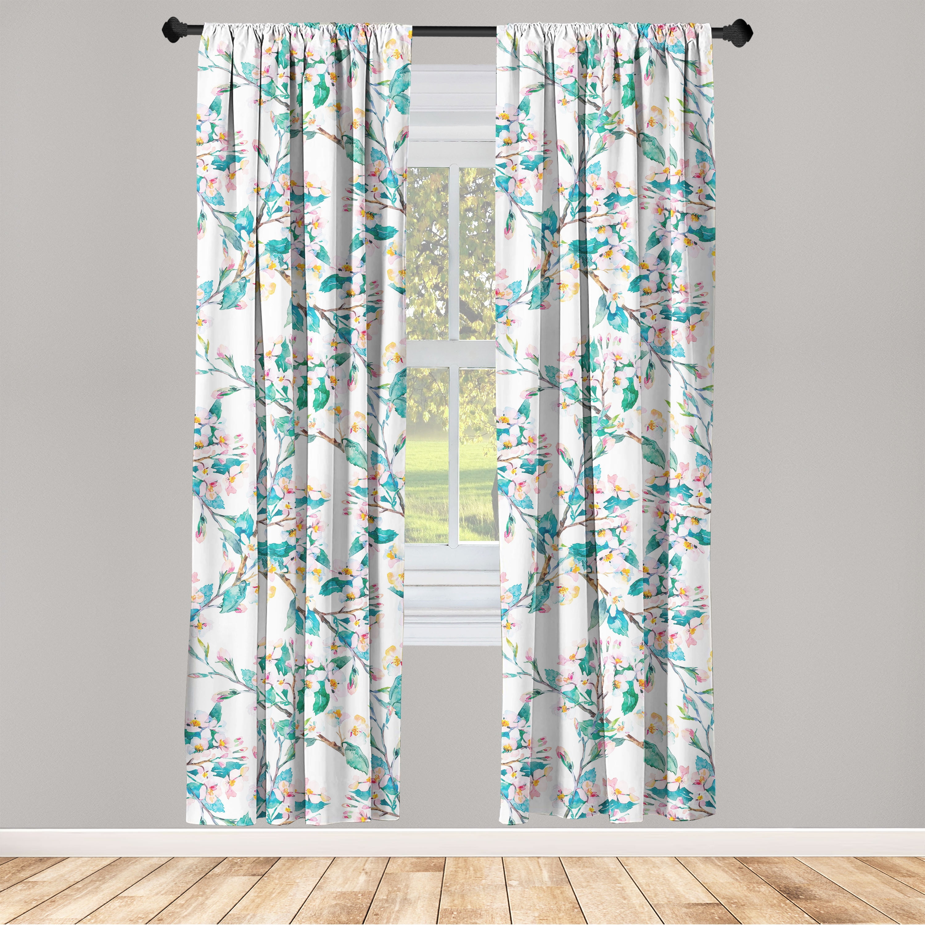 Floral Window Curtains, Flowering Tender Branches Watercolor Style ...