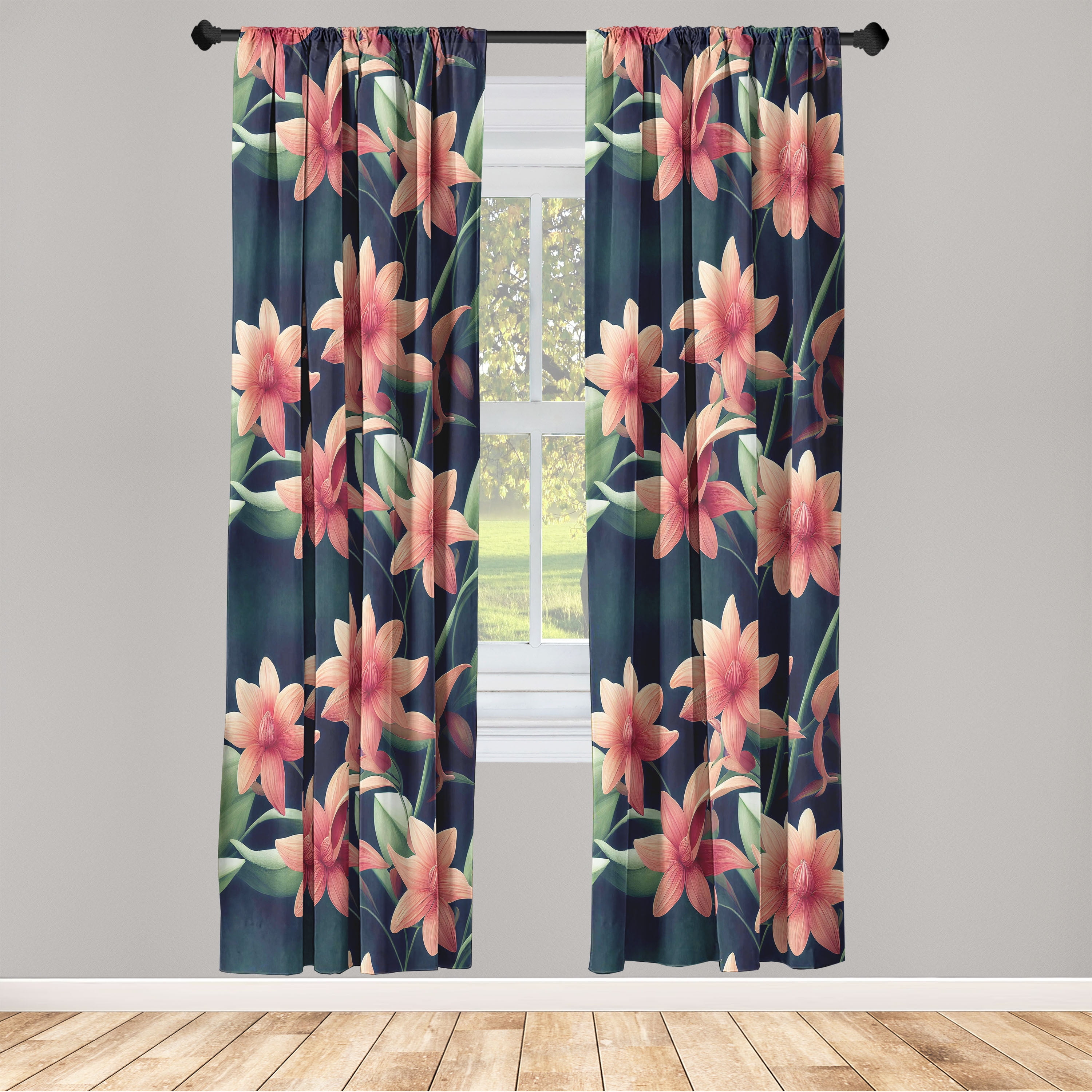Floral Window Curtains, Garden of Flowers with Big Leaves Season Summer ...