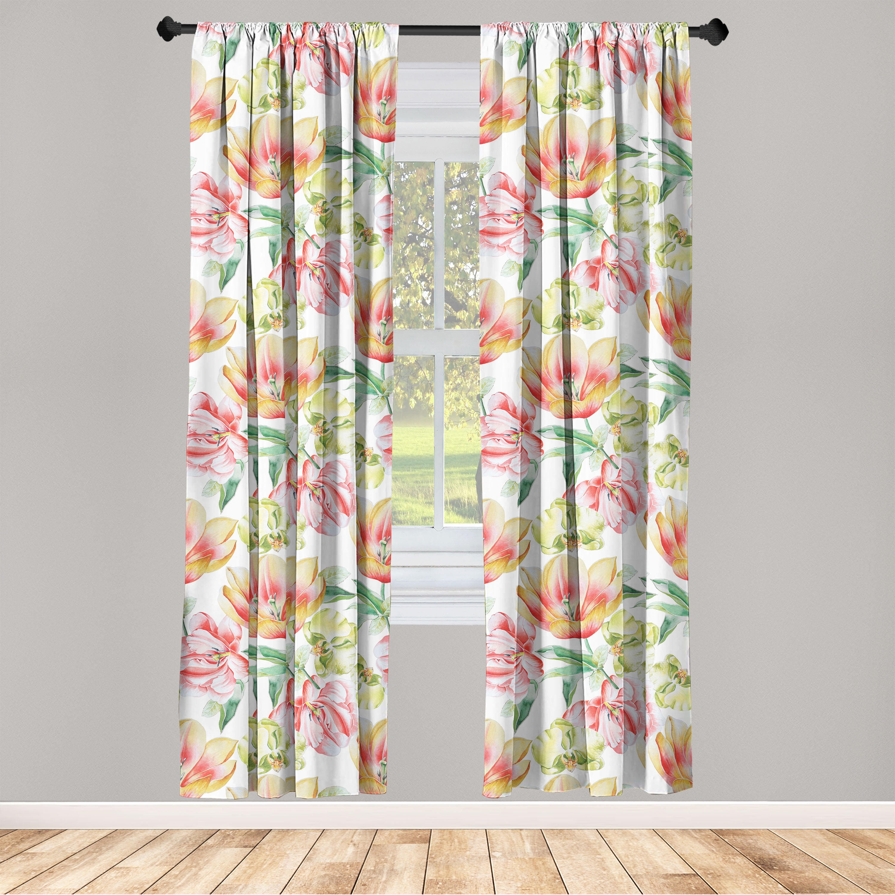 Floral Window Curtains, Hand-Drawn Tulip Orchid Flowers Watercolor Art ...