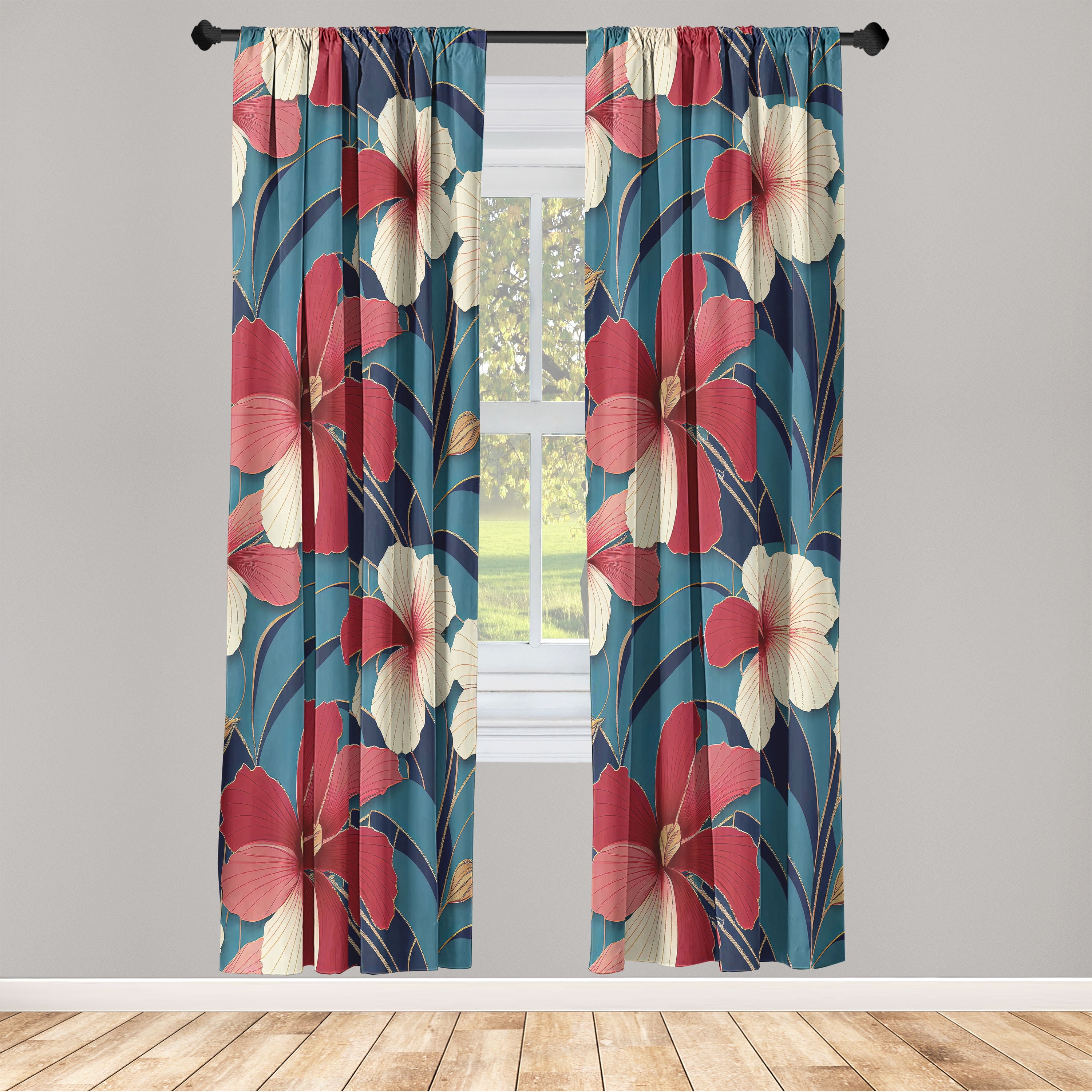 Floral Window Curtains, Hibiscus Flower Tropical Leaves Jungle Hawaiian ...
