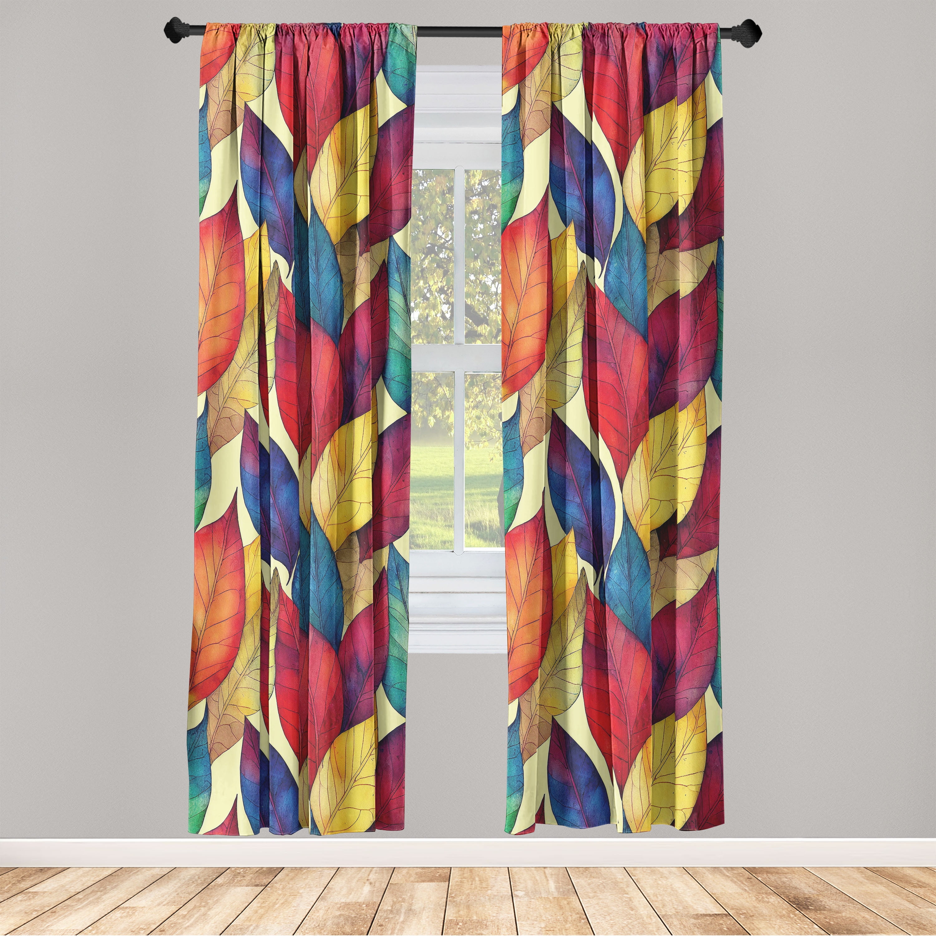 Floral Window Curtains, Leaves of Winter Season Autumn Falling Leaves ...