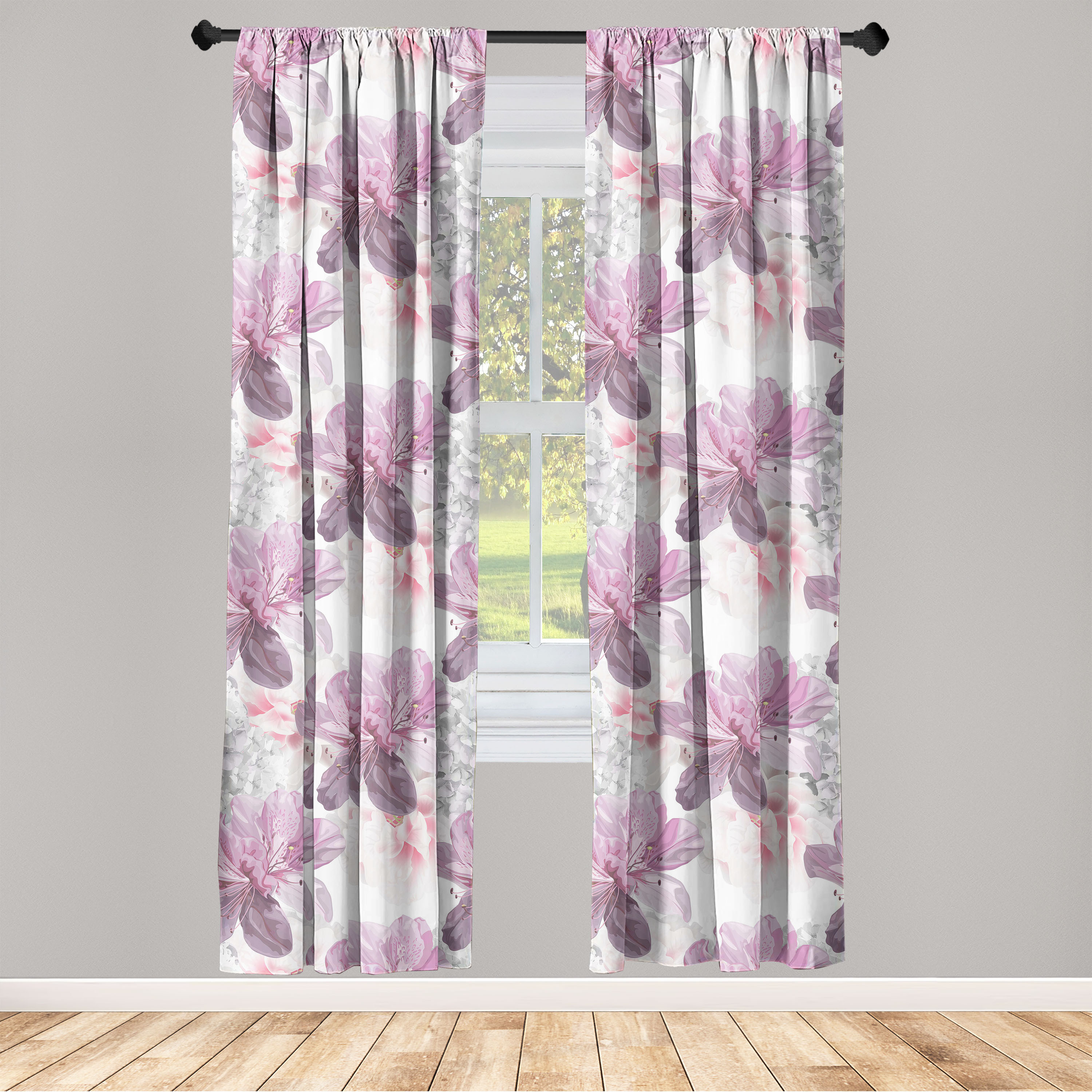 Floral Window Curtains, Pastel Hydrangea and Azalea Flowers Flourishing ...