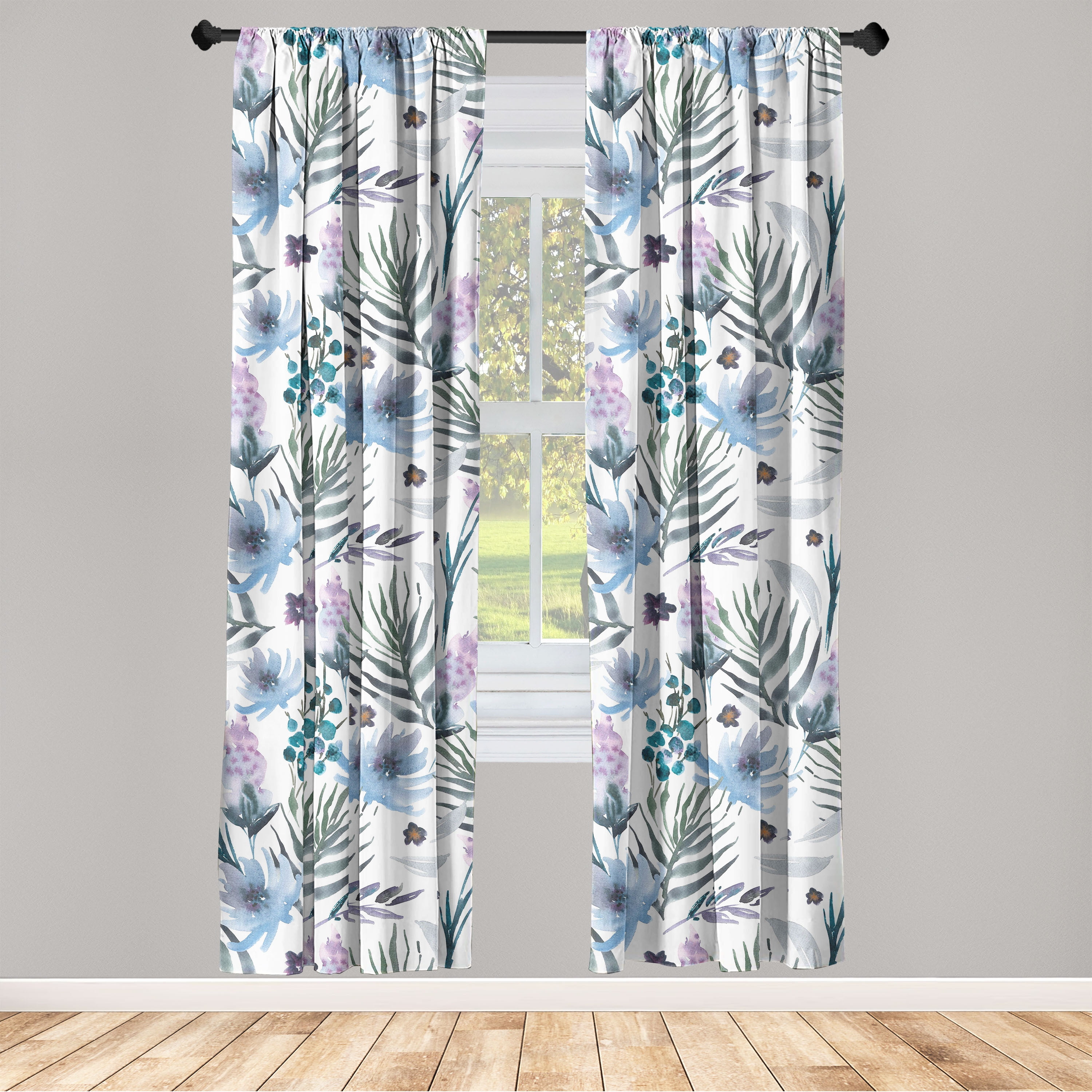 Floral Window Curtains, Pastel Tone Watercolor Botanical Pattern of ...
