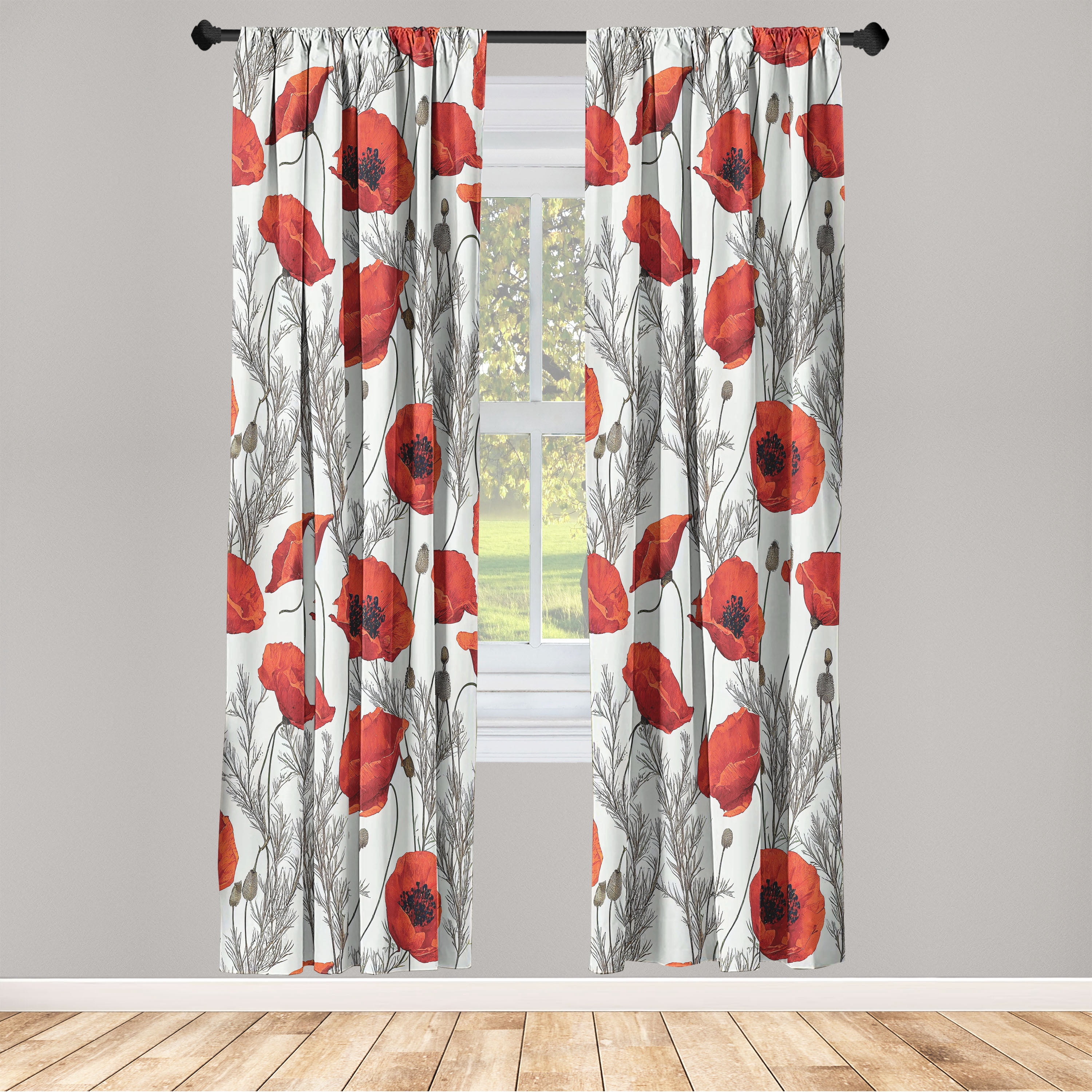 Floral Window Curtains, Poppy Flower Branches Memorial Long Grass Field ...