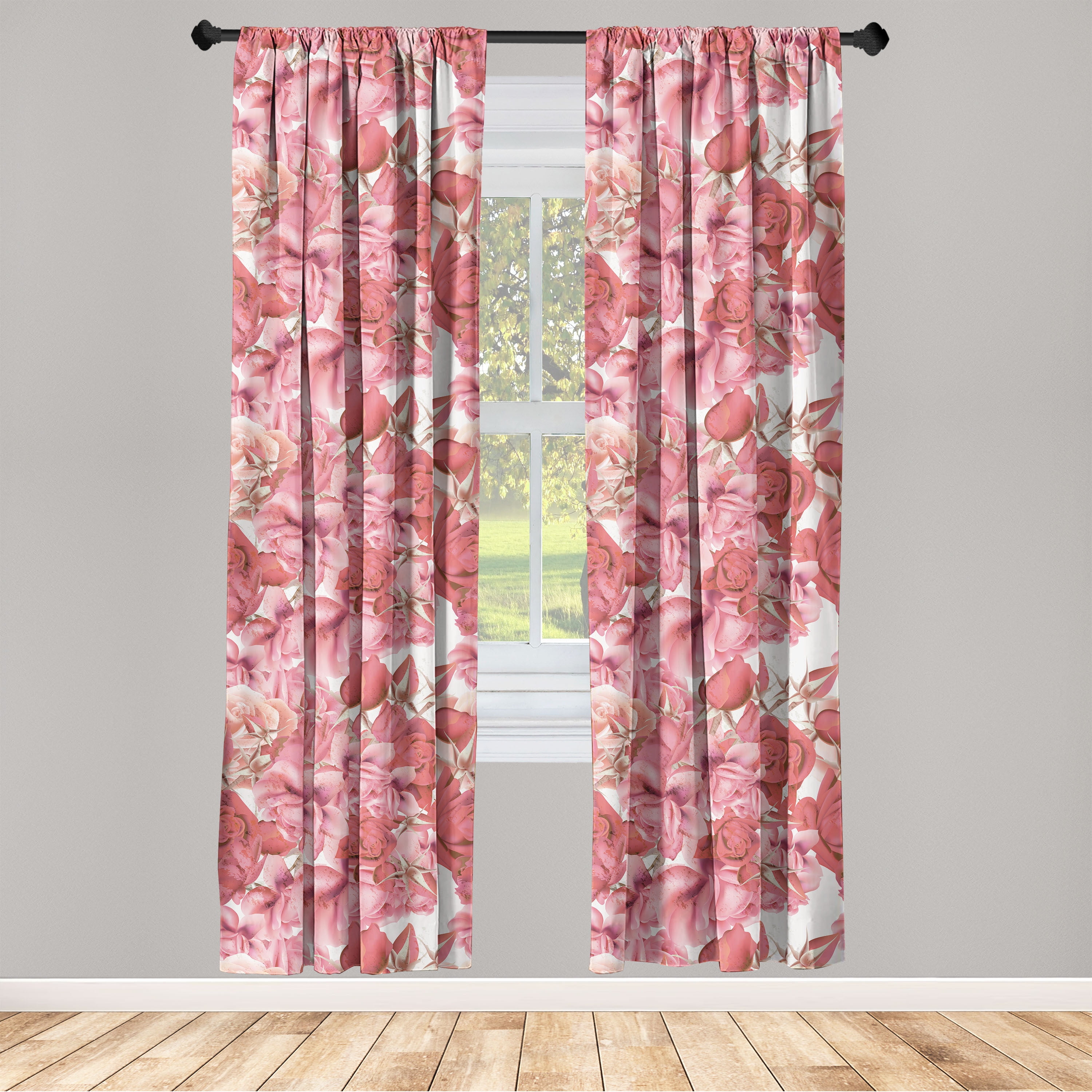 Floral Window Curtains, Realistic Style Rose Flowers Repetitive ...