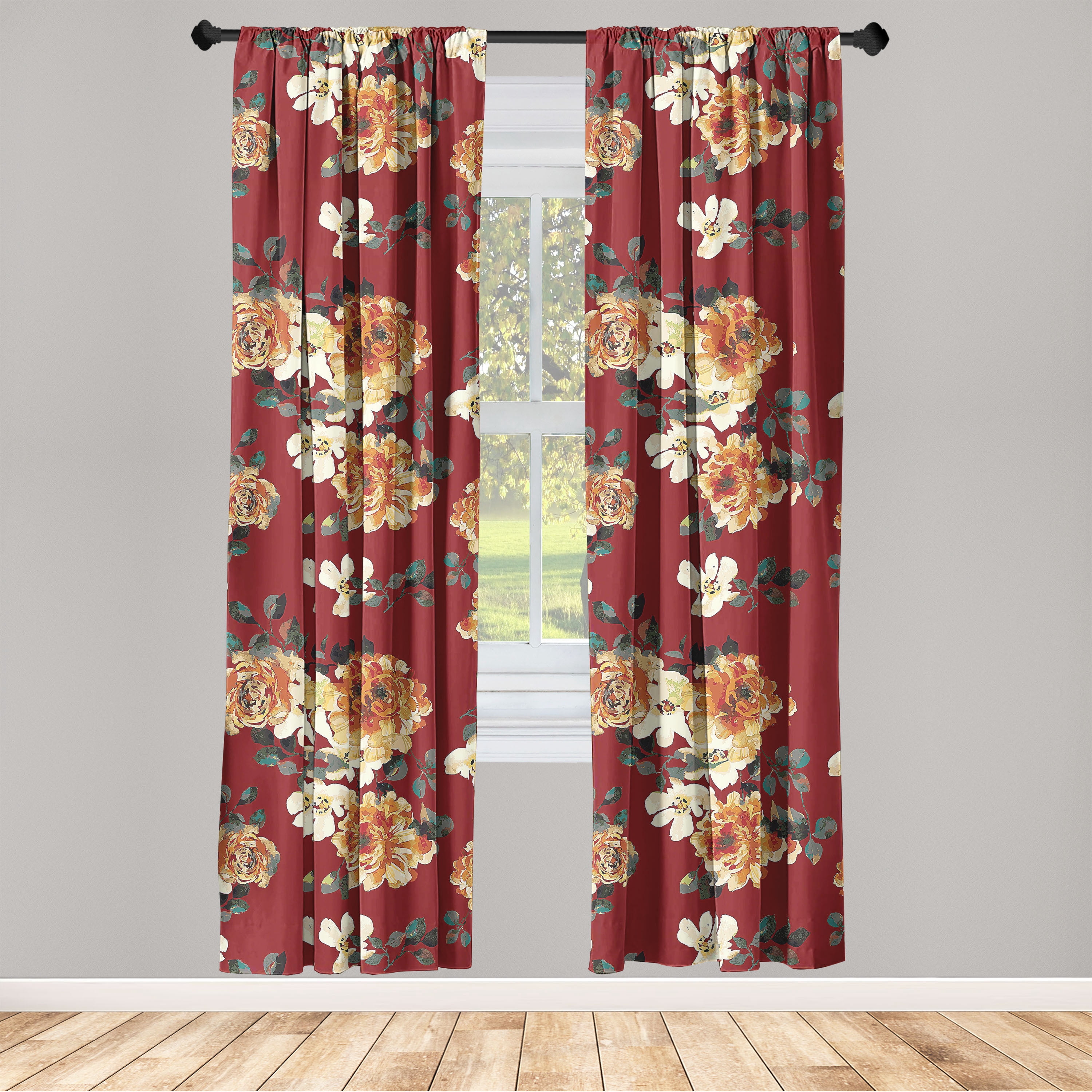 Floral Window Curtains, Retro Blooming Botanical Pattern with Wild ...