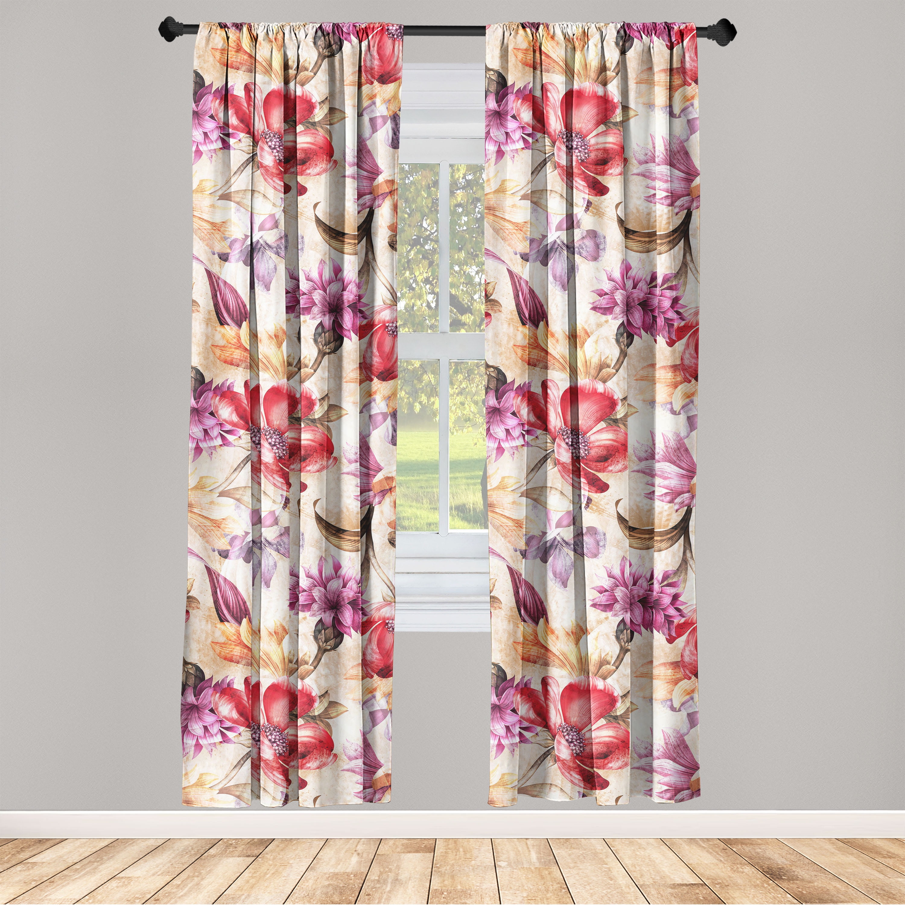 Floral Window Curtains, Retro Concept Flowers Wild Botanical Garden ...