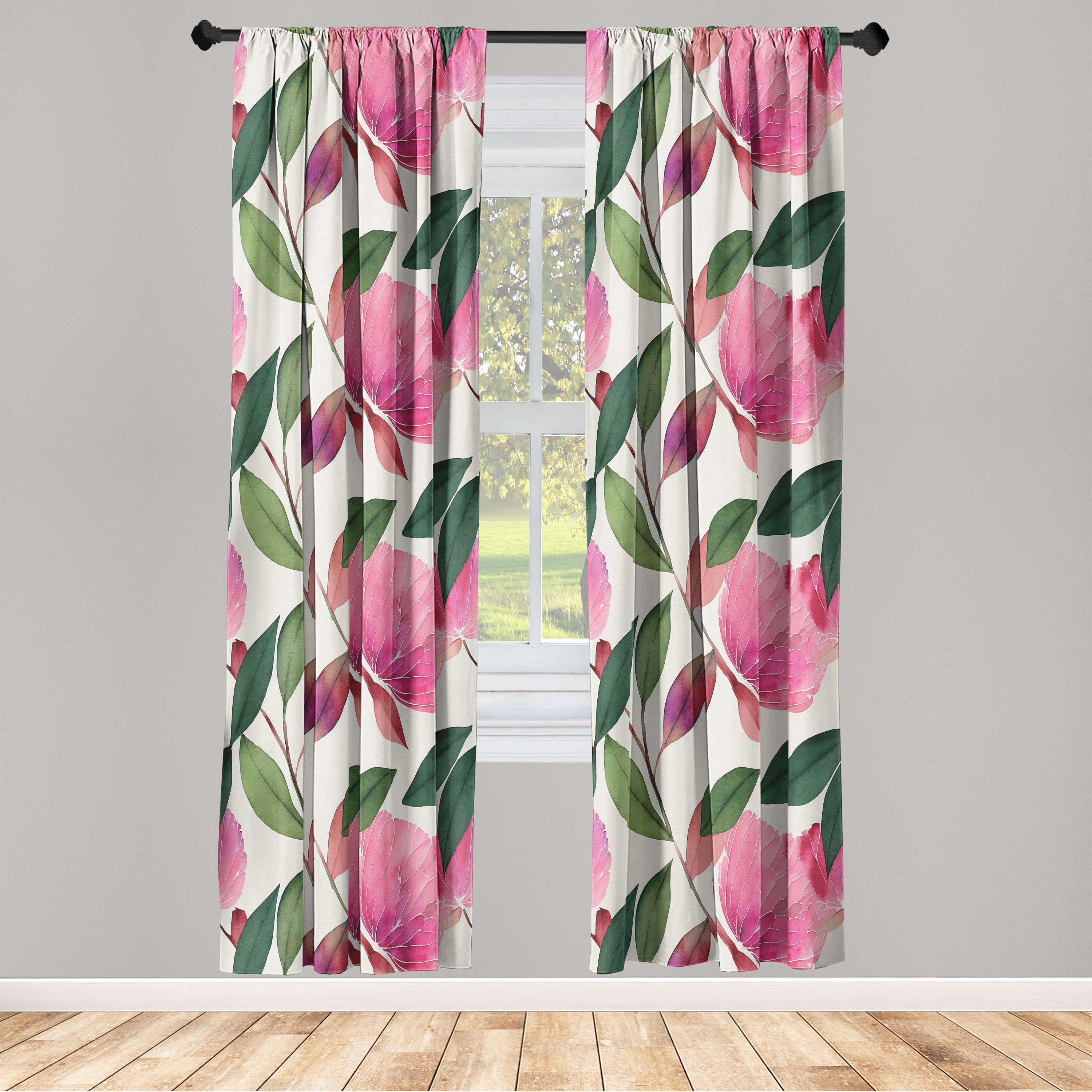 Floral Window Curtains, Retro Themed Botanical Flower Drawing ...