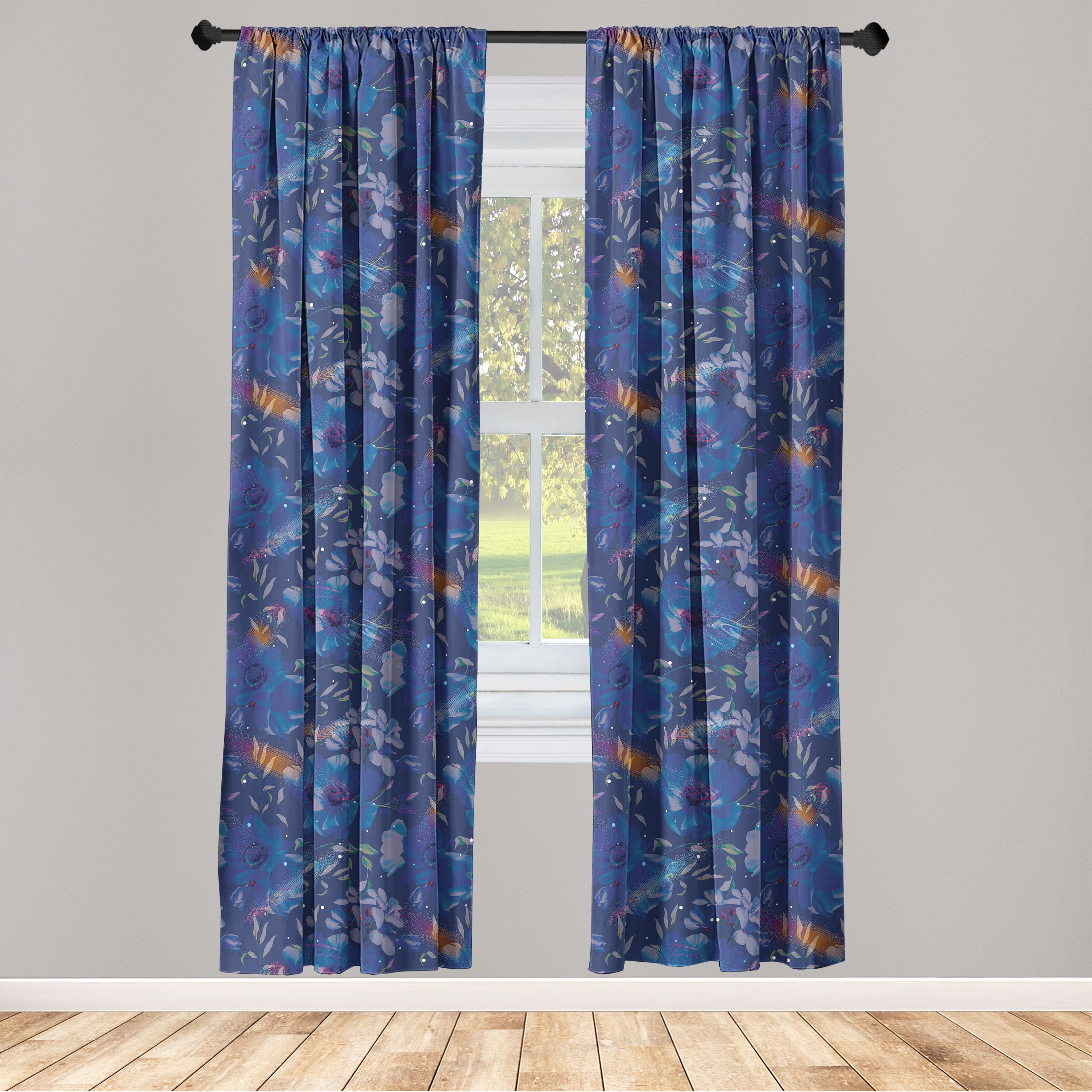 Floral Window Curtains, Retro Wave Inspired Flower Motif with Space ...