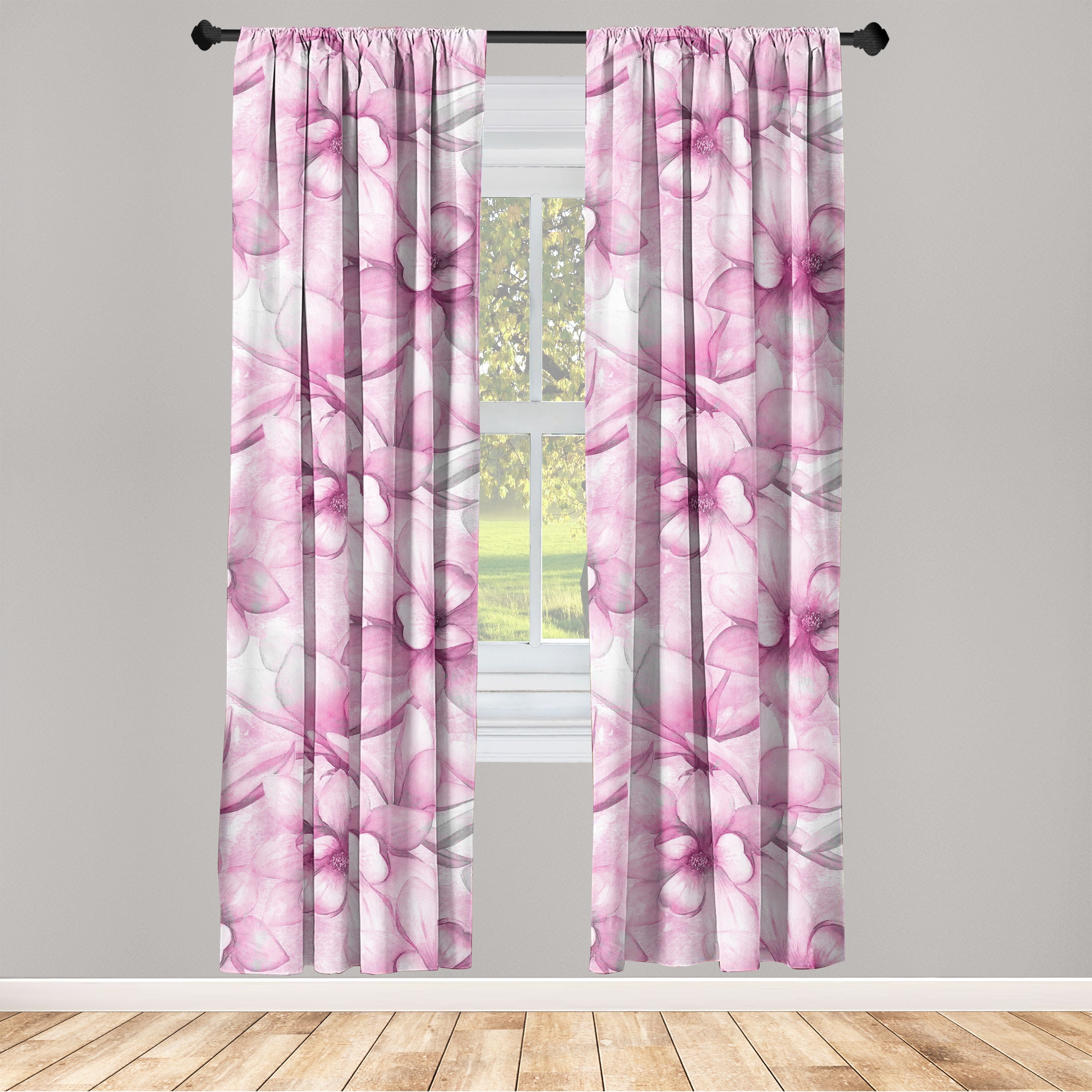 Floral Window Curtains, Romantic Magnolia Flowers Painting Ornaments ...