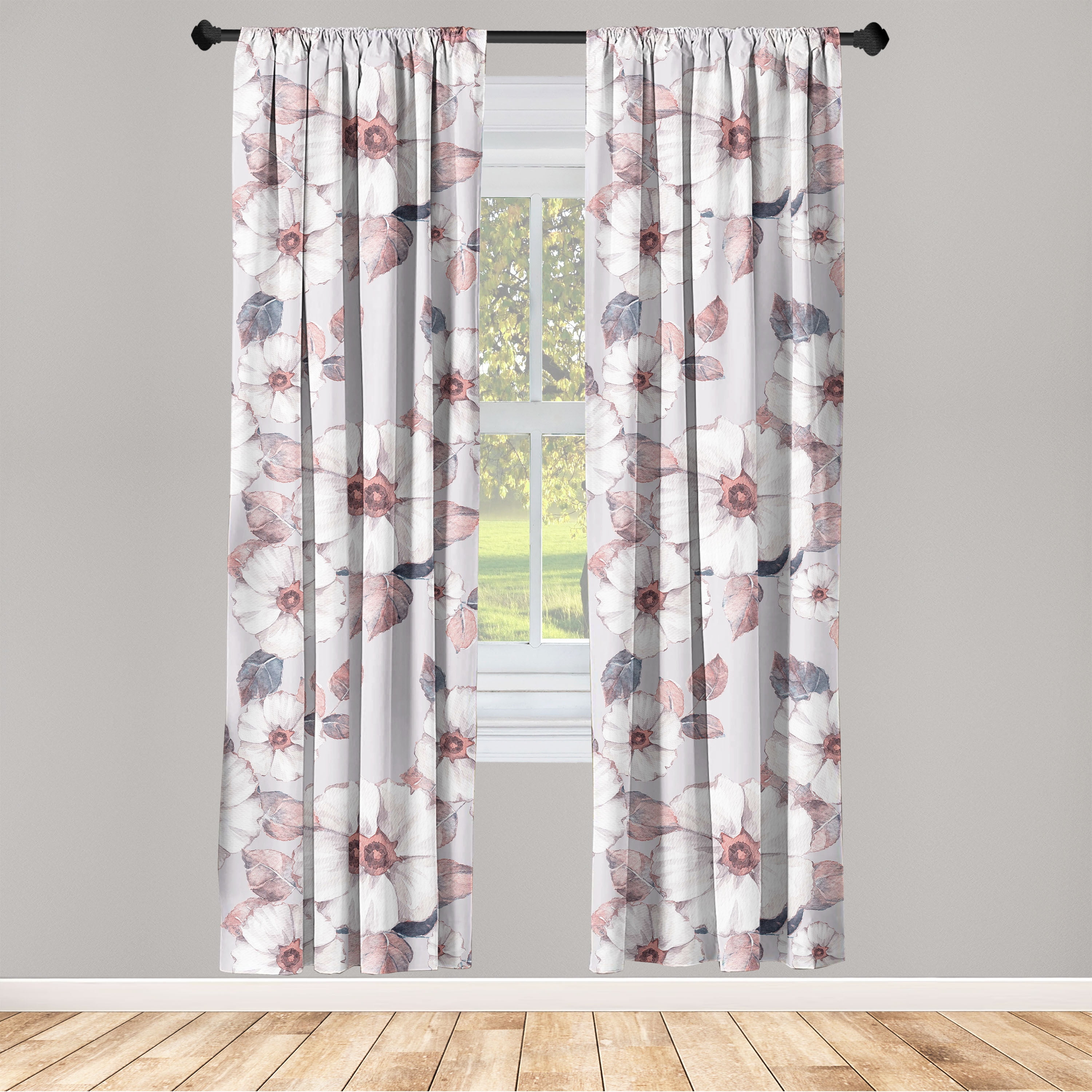 Floral Window Curtains Watercolor Delicate Dusty Pink Detailed Flowers