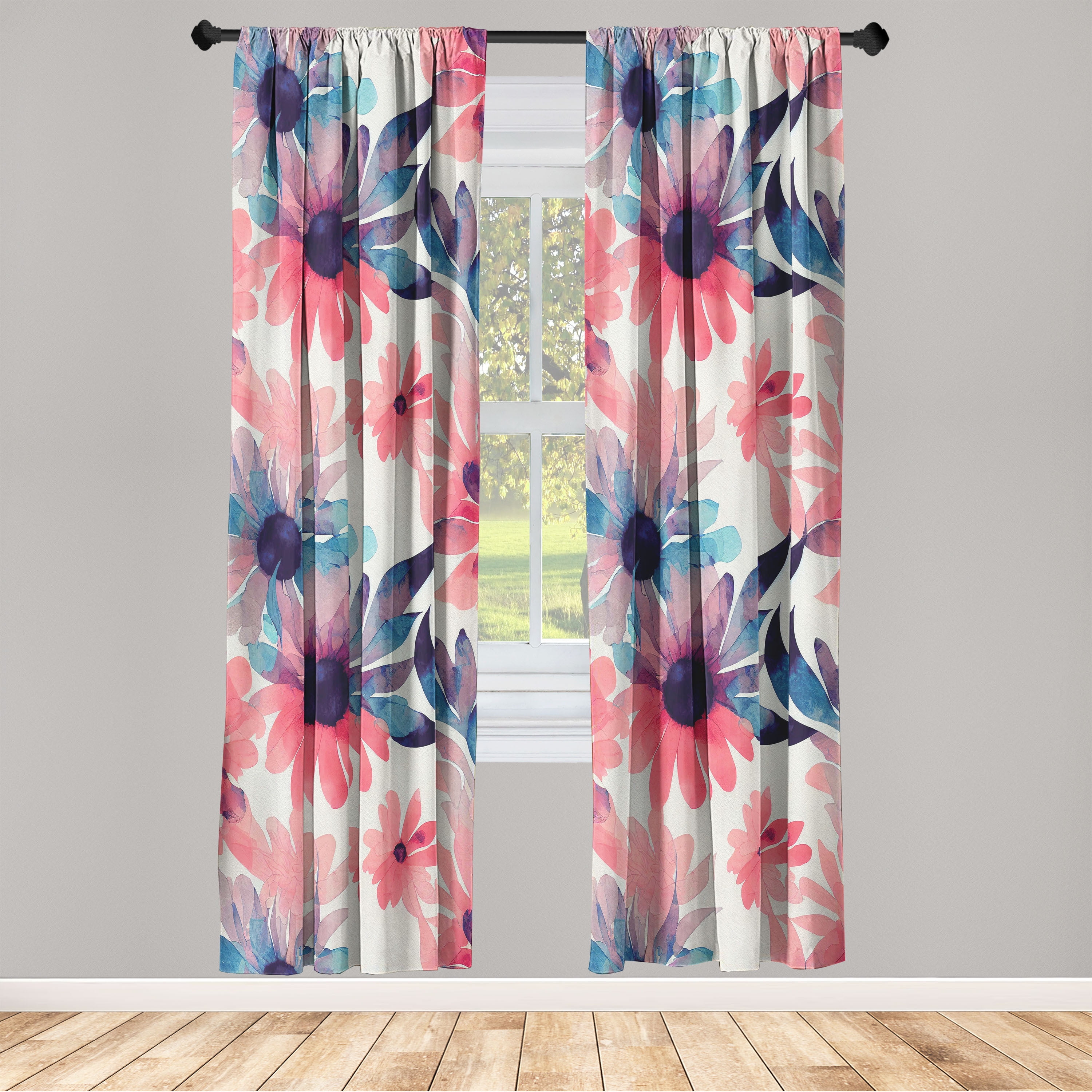 Floral Window Curtains, Watercolor Design of Spring Flowers Big Petals ...