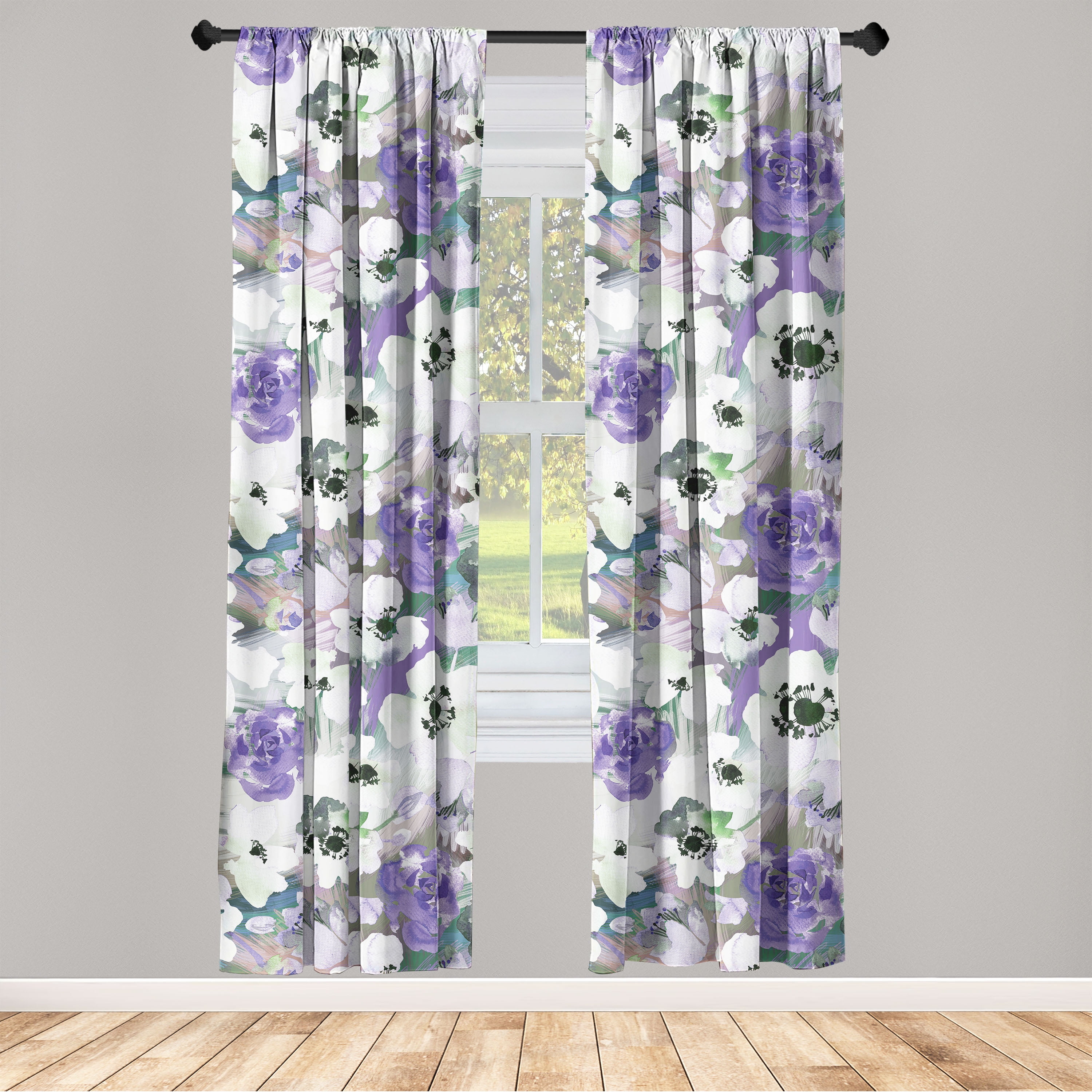 Floral Window Curtains, Watercolor Effect Pattern with Blooming ...