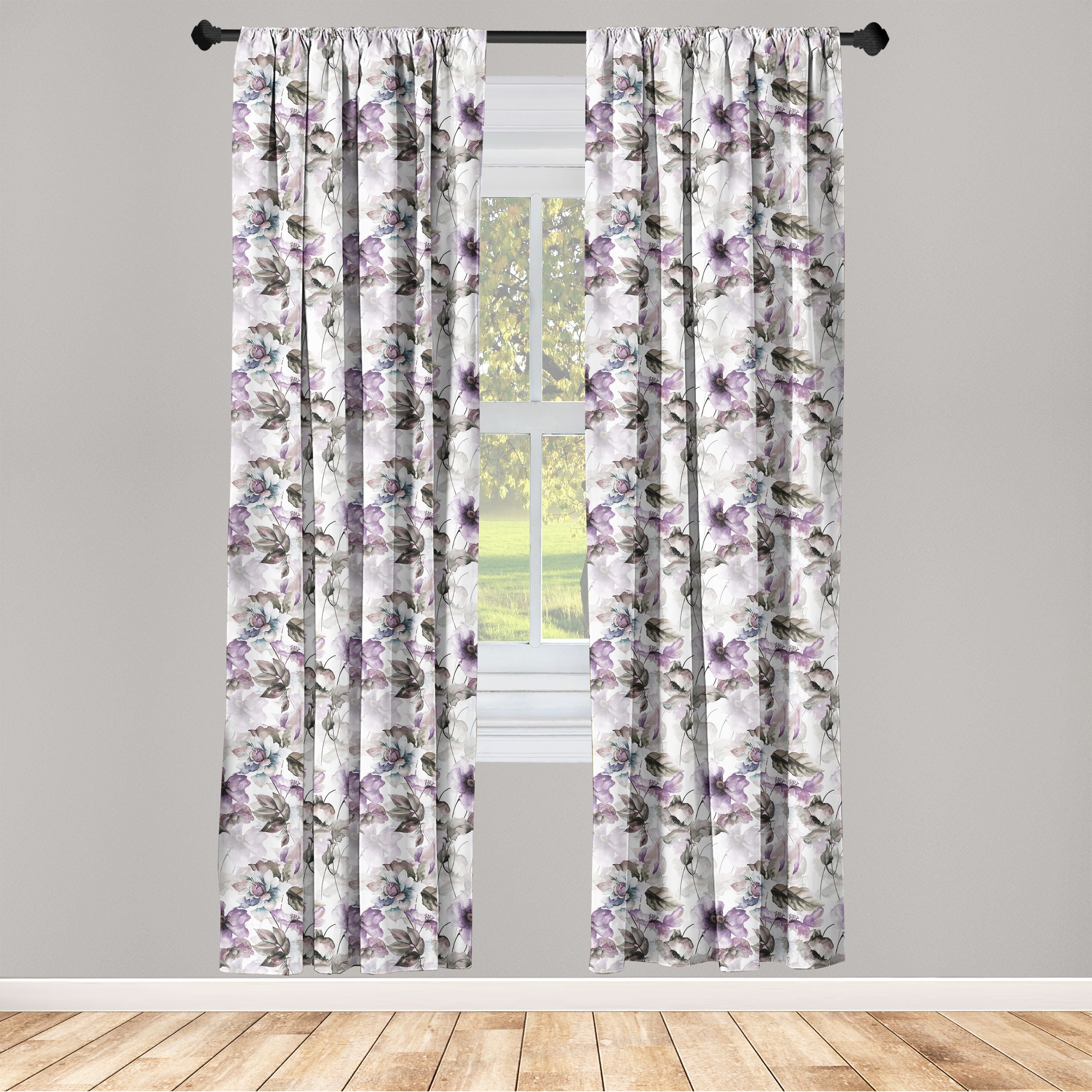 Floral Window Curtains, Watercolor Themed Pattern of Blooming Retro Spring Revival Flowers ...