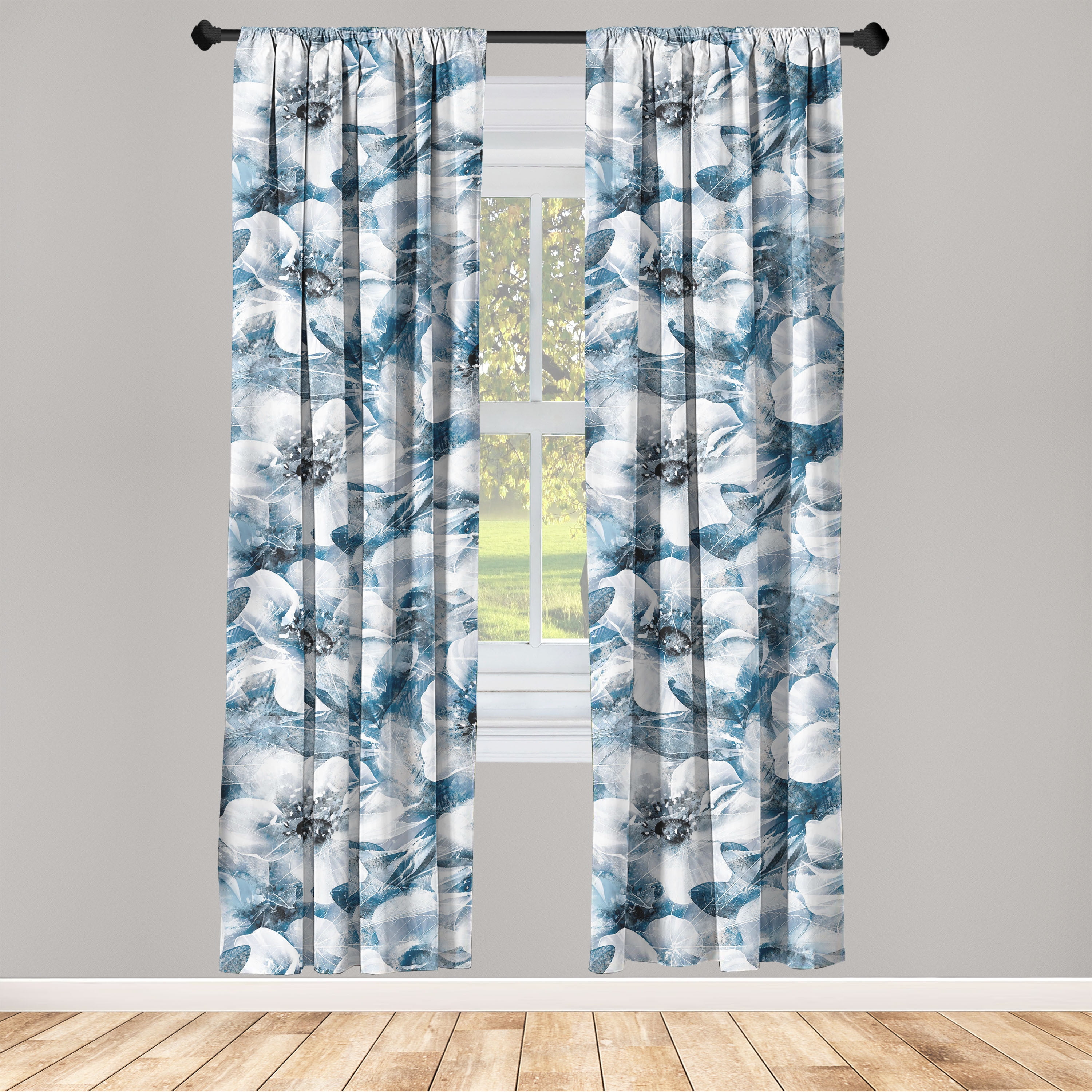 Floral Window Curtains, Weathered Effect Pattern of Cold Colored ...
