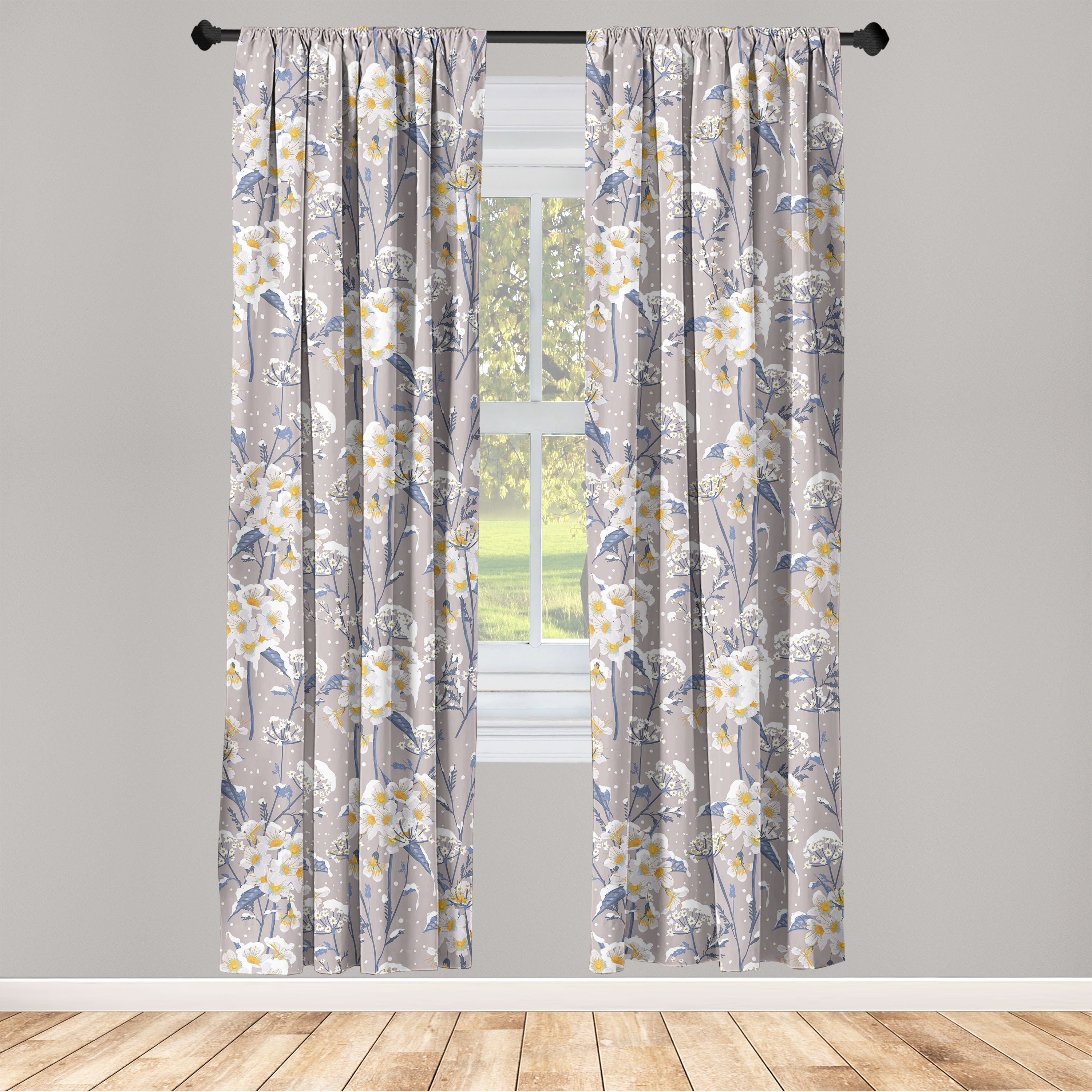 Floral Window Curtains, Winter Themed Snowy Meadow Flowers Retro ...