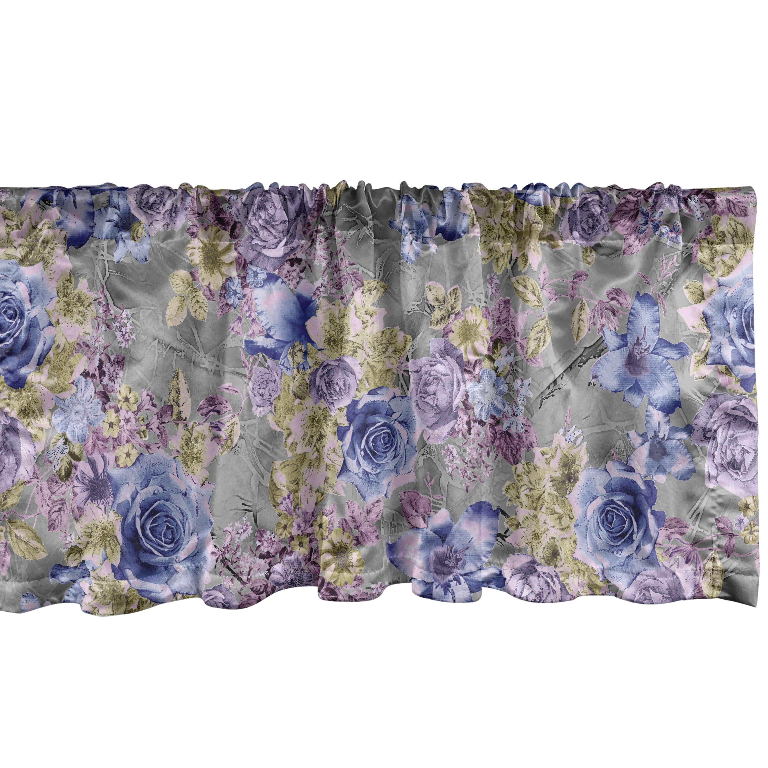 Floral Window Valance, Autumn Themed Cold Colors Drawn Blooming Flowers ...