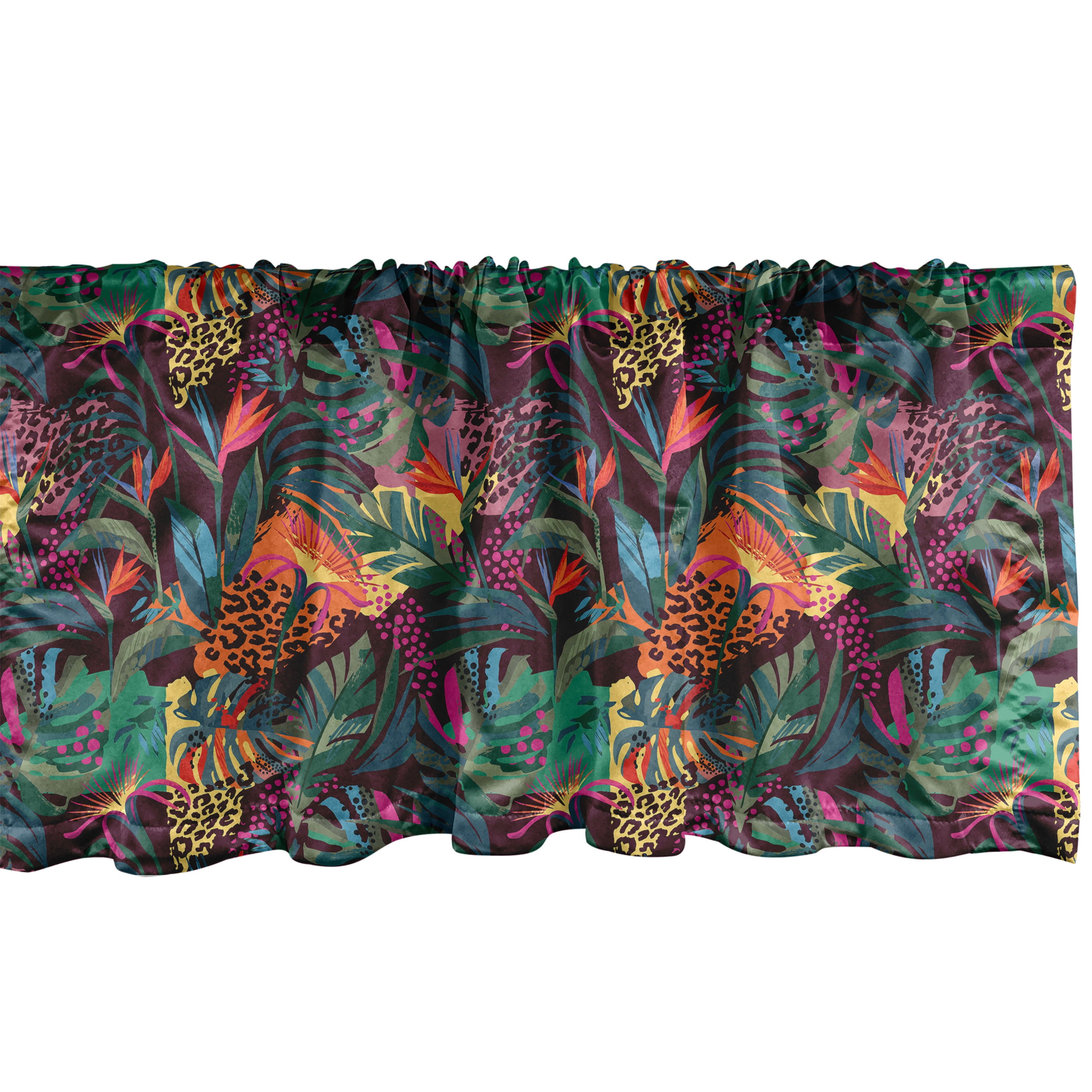 Floral Window Valance, Jungle Inspired Exotic Leaf Drawings on Leopard ...