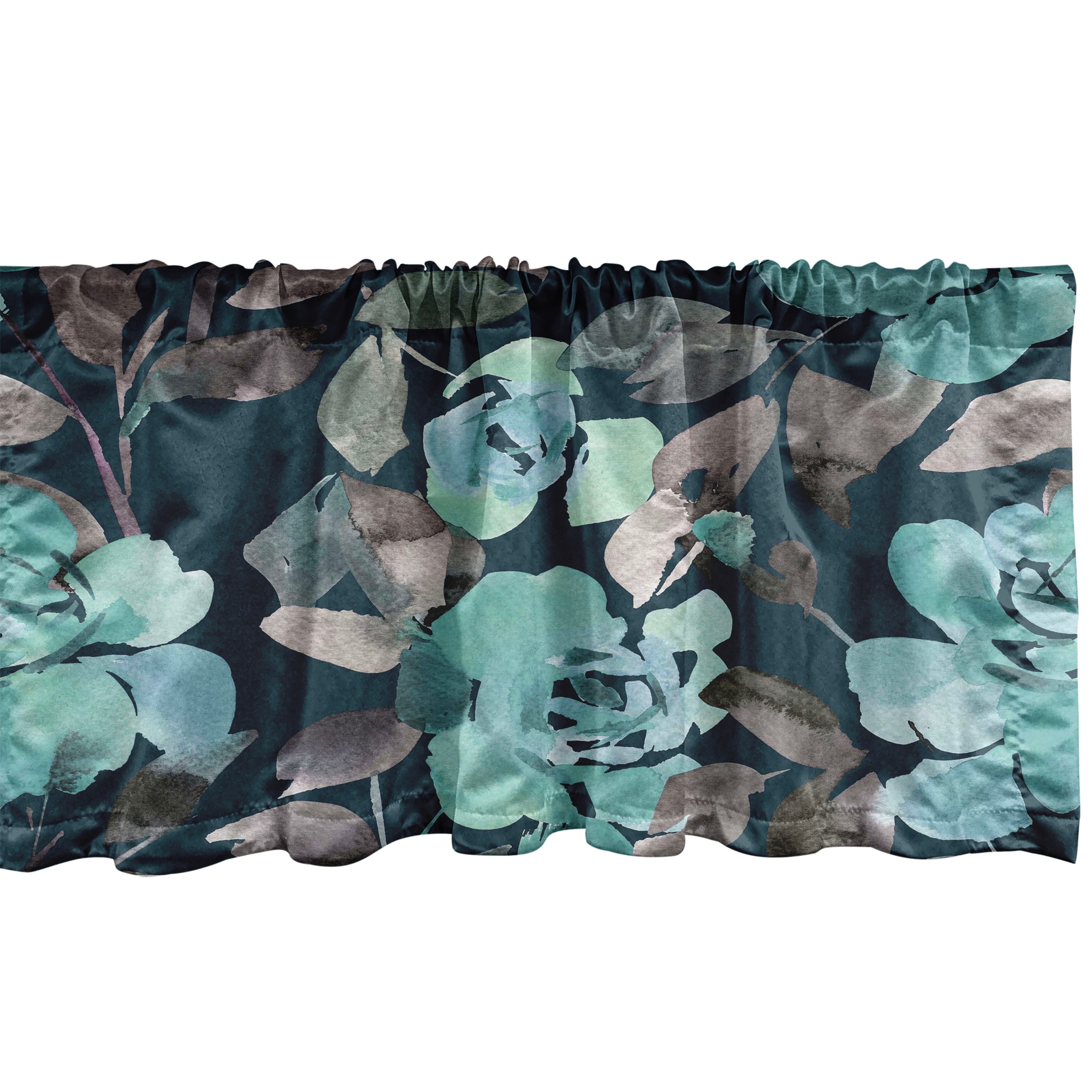 Floral Window Valance, Watercolor Roses and Leaves in Cold Colors ...