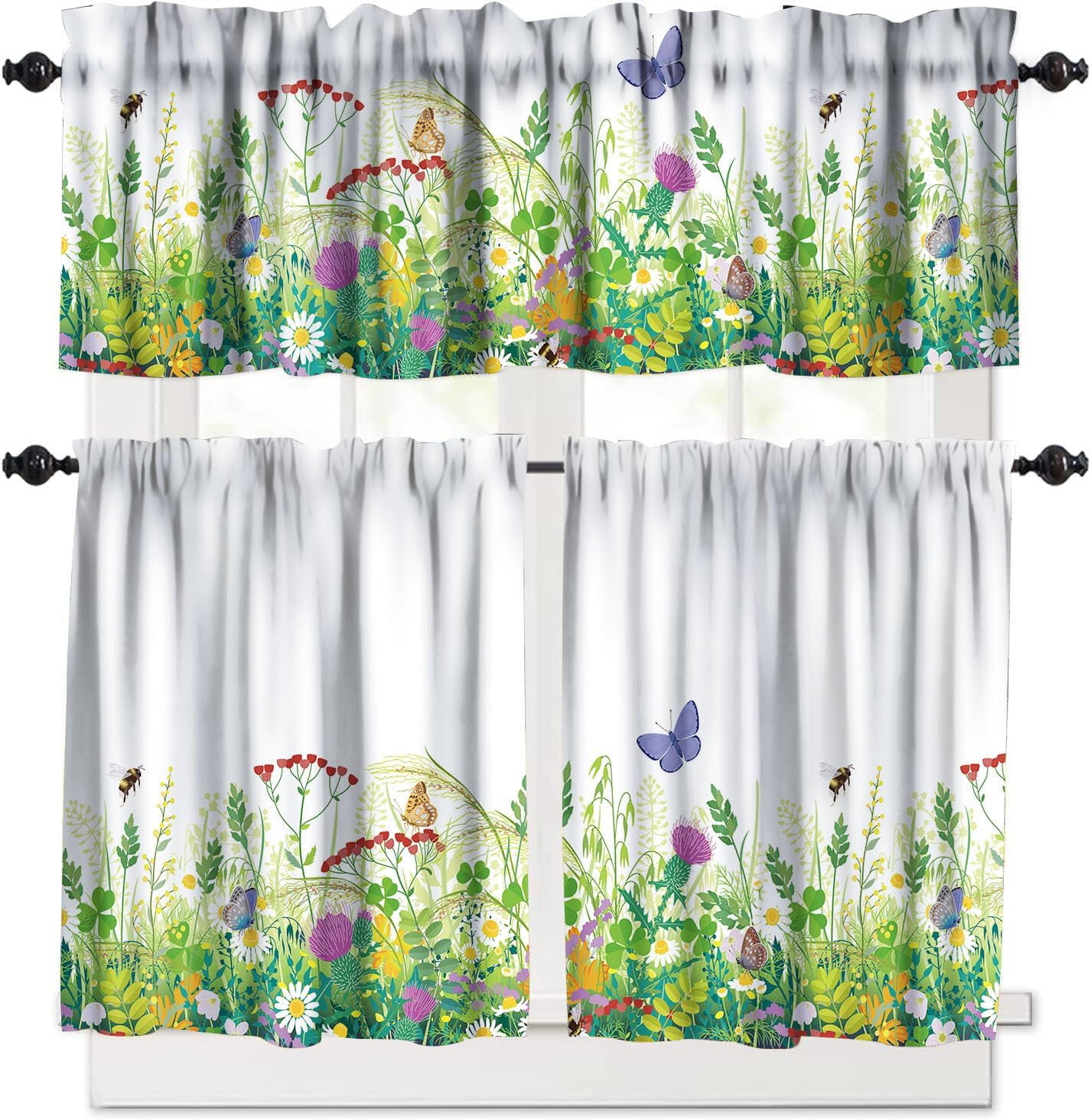 Floral Windows Valance 3 Piece Set,Summer Watercolor Forest Flowers ...