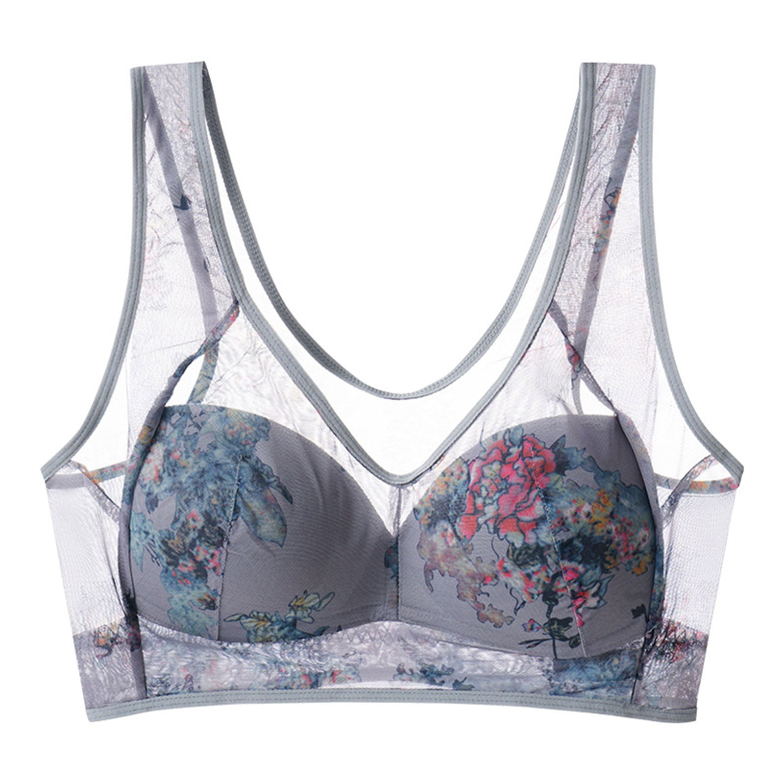 Floral Wireless Lace Bralette Lace Mesh Sheer Bra V Neck Everyday ...