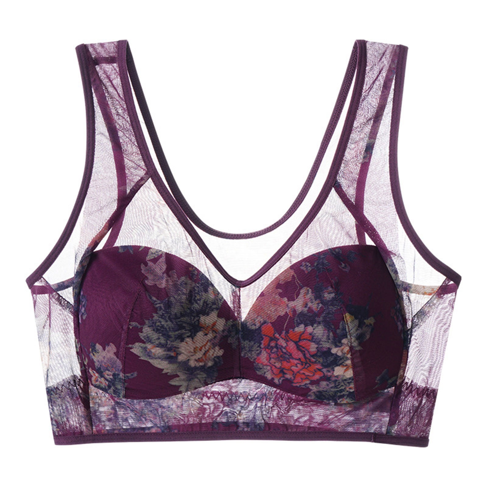 Floral Wireless Lace Bralette Lace Mesh Sheer Bra V Neck Everyday ...