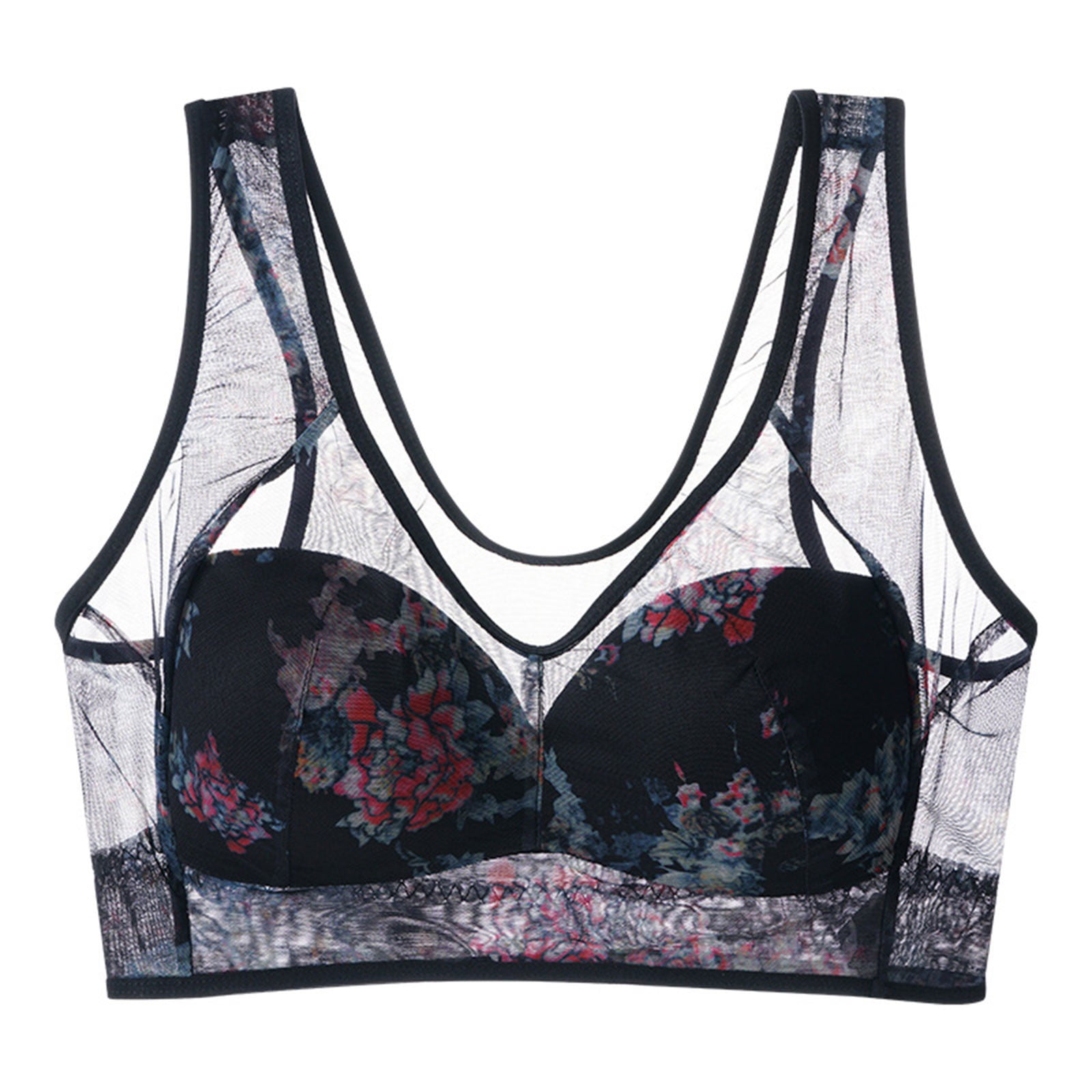 Floral Wireless Lace Bralette Lace Mesh Sheer Bra V Neck Everyday ...