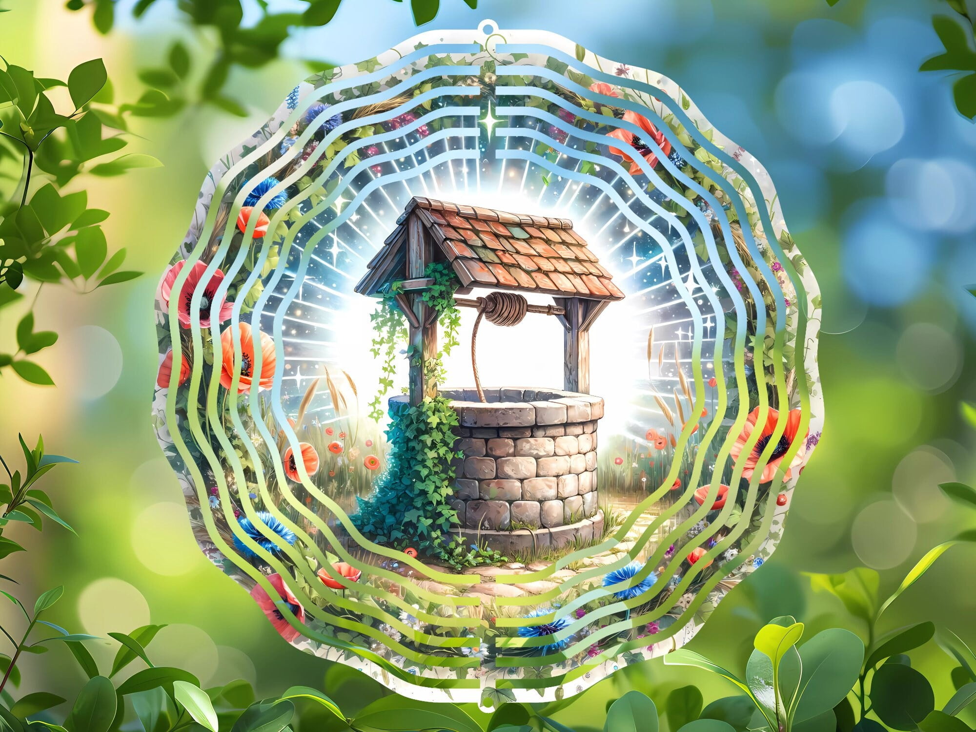 Floral Wishing Well 3D Wind Spinner Stainless Steel Garden Hanging ...