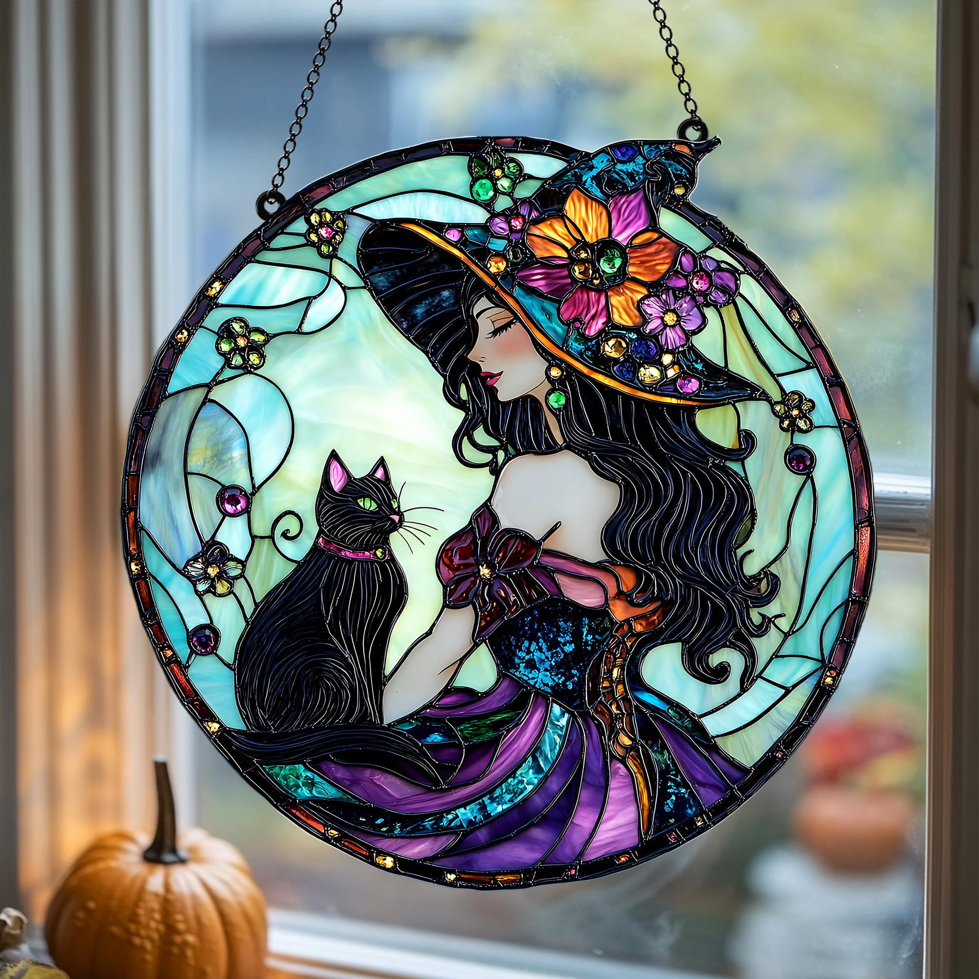 Floral Witch & Cat Acrylic Suncatcher, Art Nouveau Faux Stained Glass ...