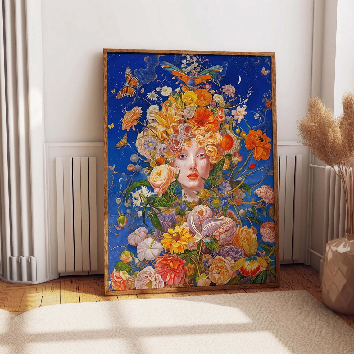 Floral Woman Portrait Art Print - Surreal Butterfly And Flower Wall Art ...