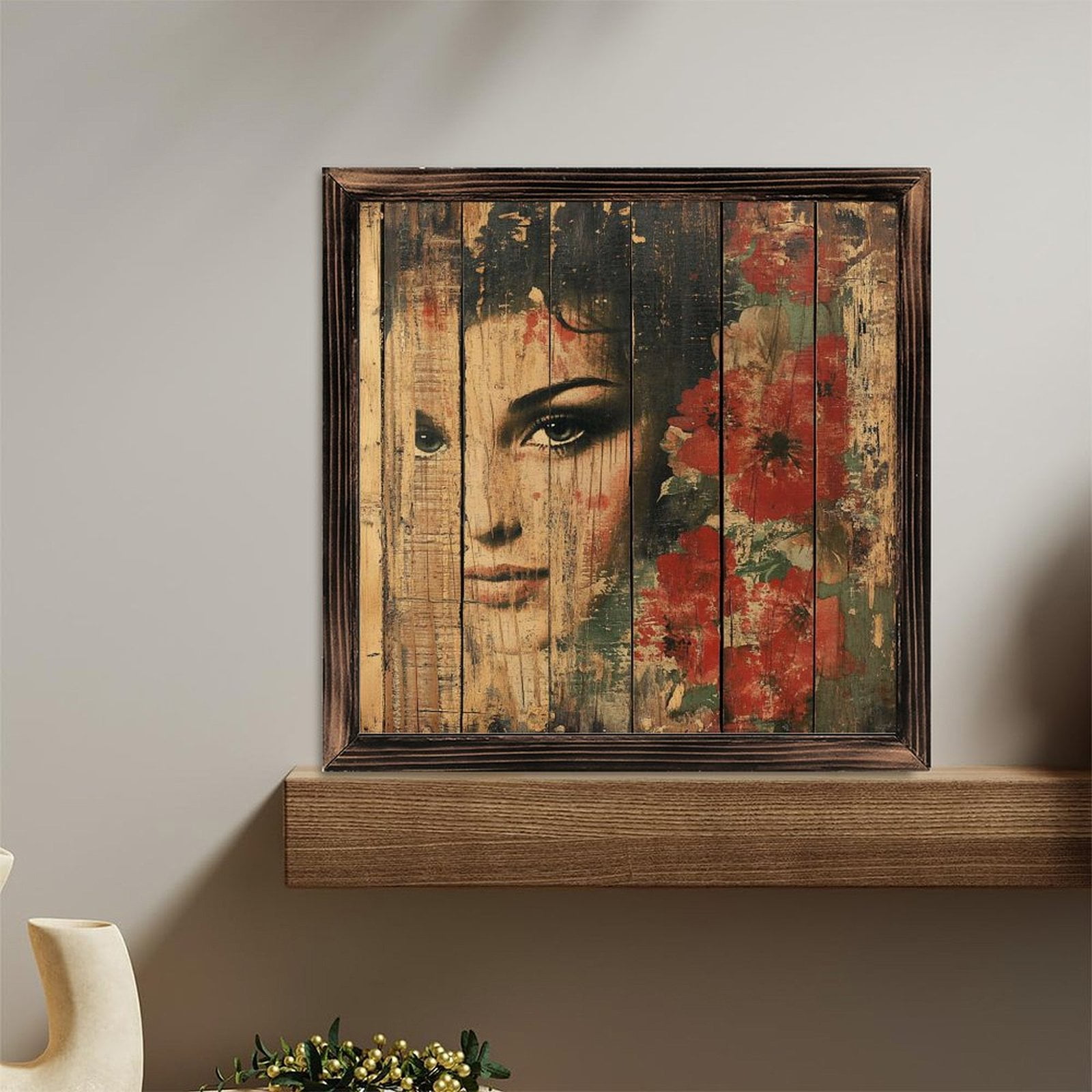Floral Woman Portrait Wooden Texture Wooden Sign Wall Plaque - Vintage Art Decoration, Wall ...