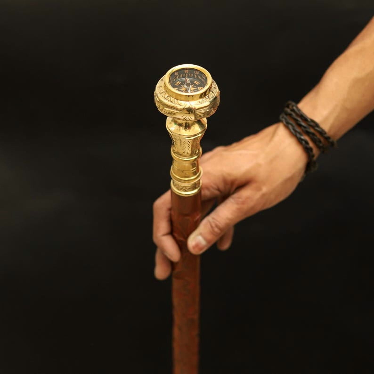 Floral Wooden Walking Cane with Brass Compass Handle | Vintage Style ...