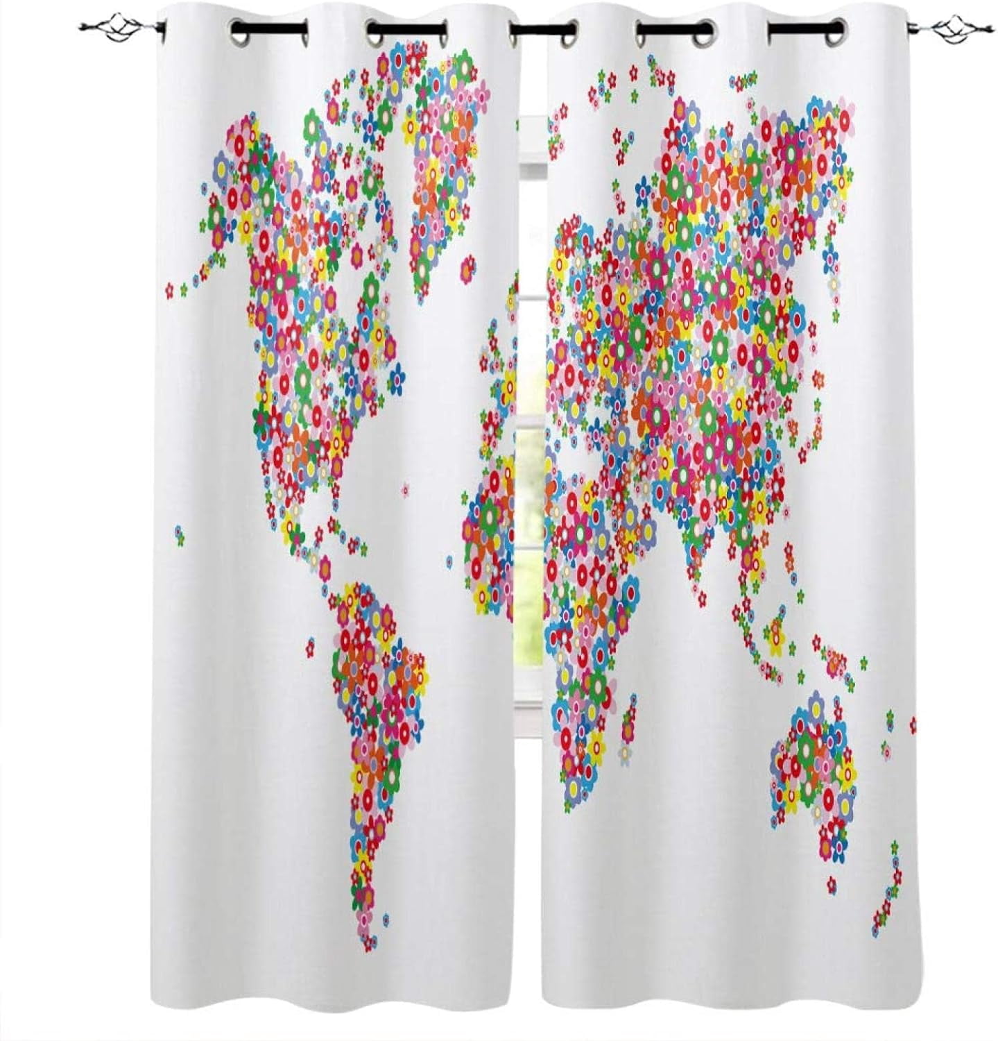 Floral World Map Blackout Window Curtain,Minimalist Art 3D 2 Panels ...