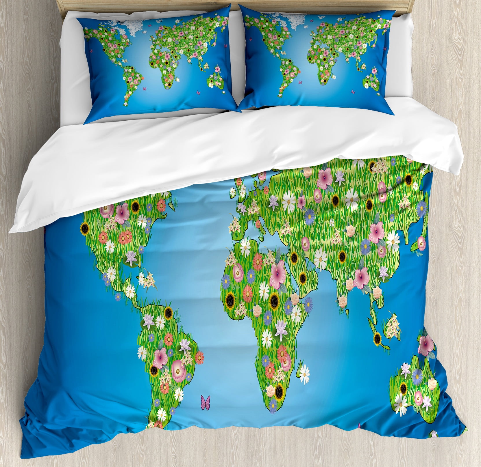 Floral World Map Duvet Cover Set, Daisy Lily Daffodil Poppy Botany ...