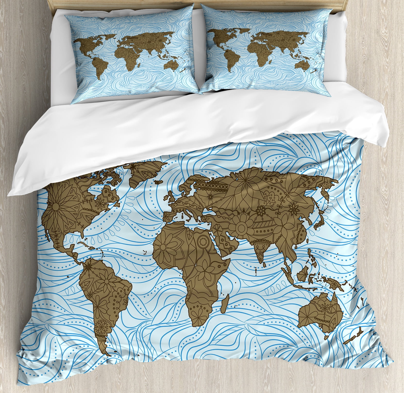 Floral World Map Duvet Cover Set, World Map with Wavy Ocean Lines ...