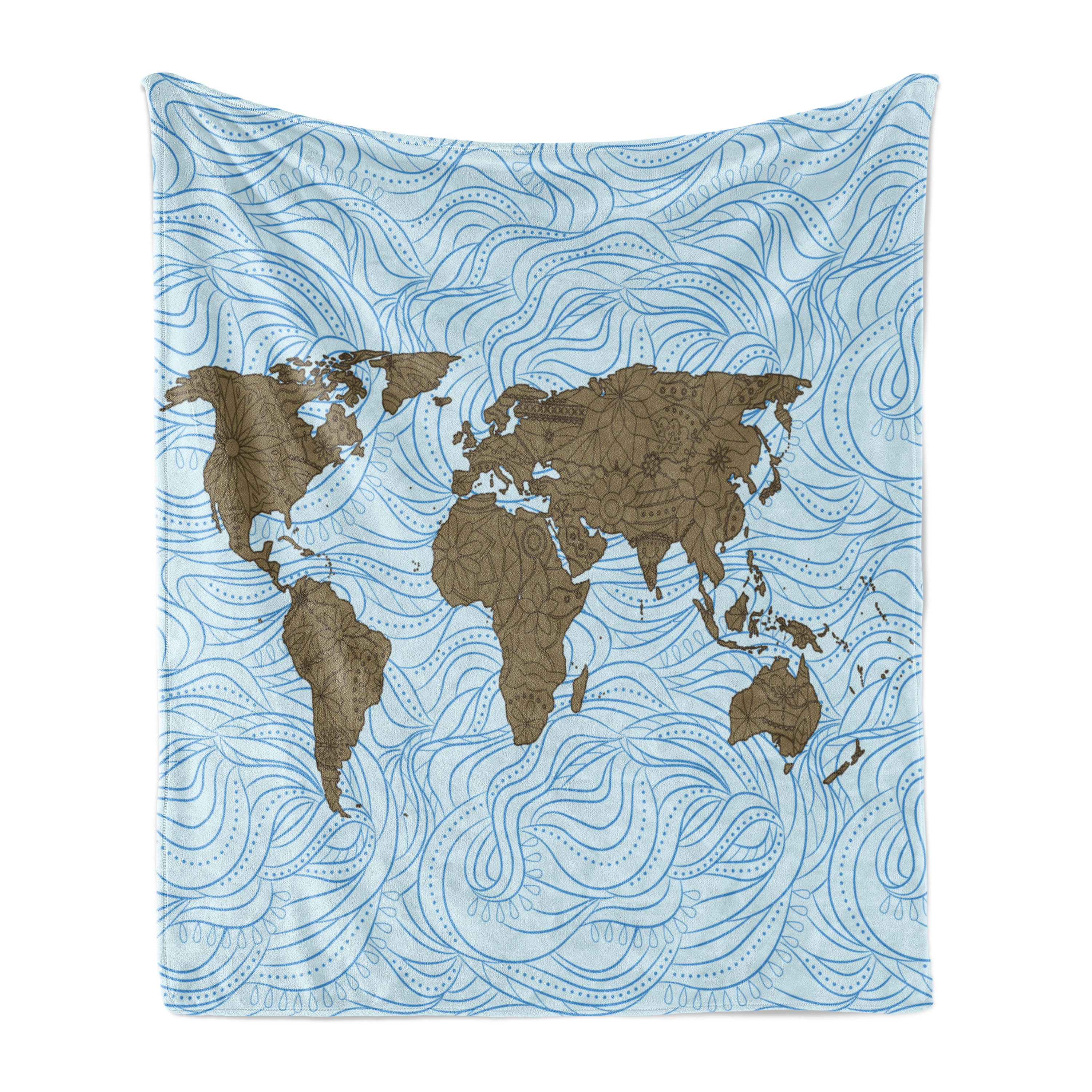 Floral World Map Soft Flannel Fleece Throw Blanket, World Map with Wavy ...