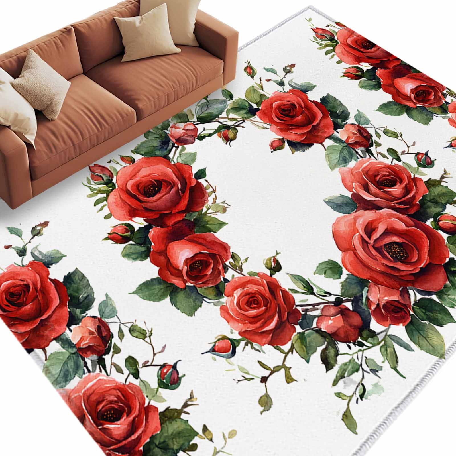 Floral Wreath Area Rug 5x7ft Blossoming Rose Non-Slip Washable Square ...