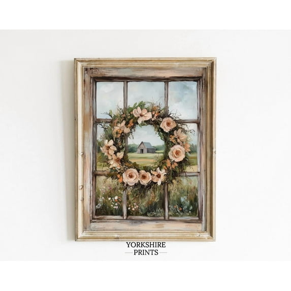 Floral Wreath Barn Window Print, Rustic Cottagecore Wall Art Home Decor ...